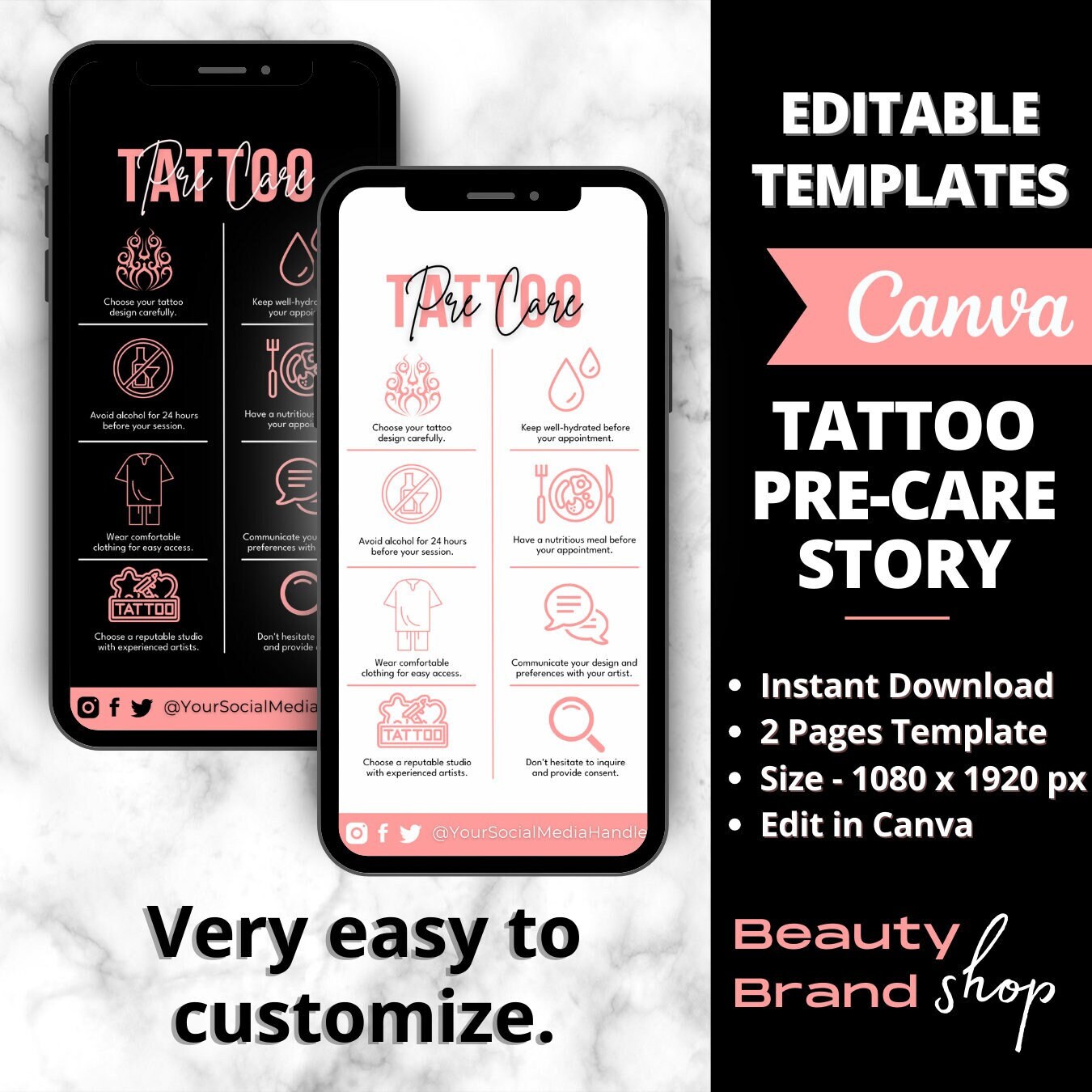 Tattooing Pre-care Story Template, Editable Care Card, Tattoo Studio ...