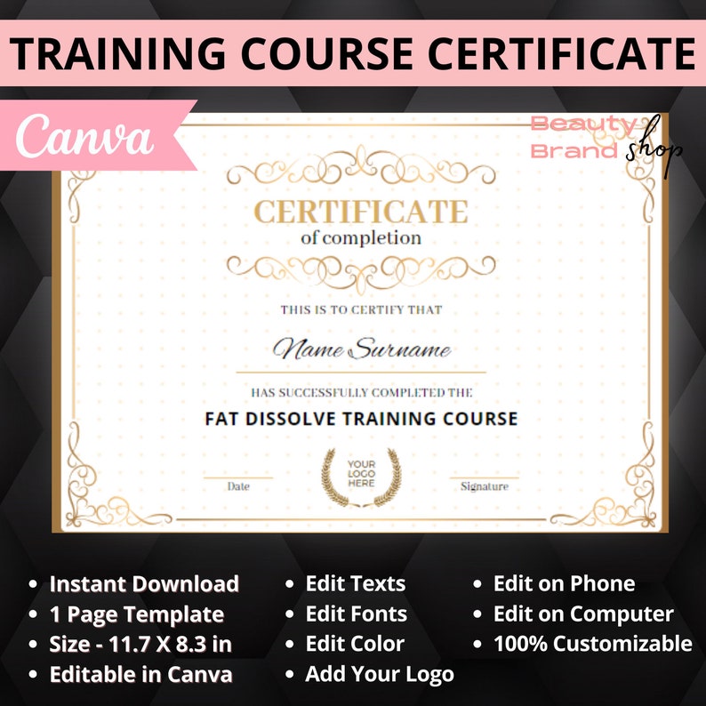 Editable Certificate of Completion, Printable Fat Dissolve Course ...