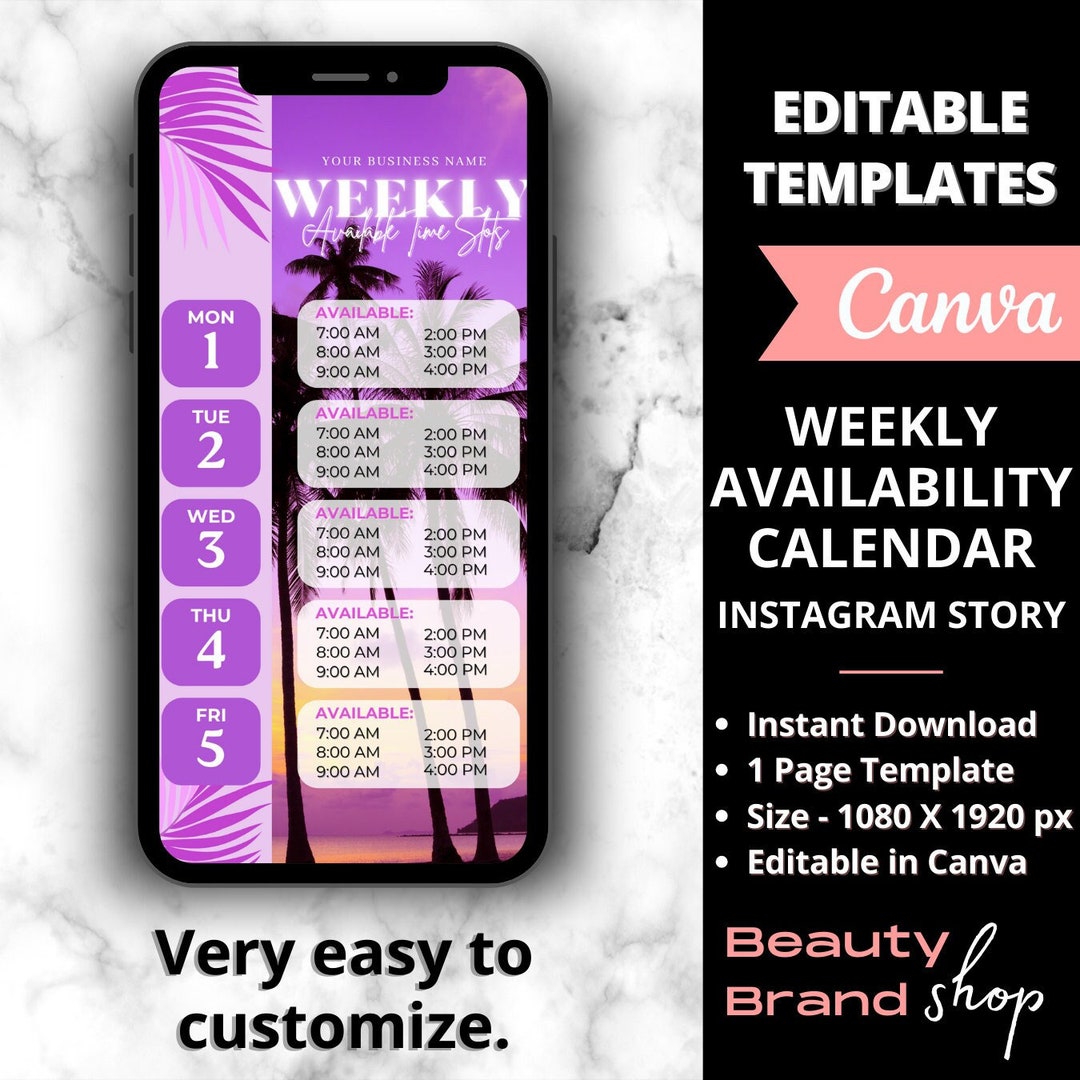 Summer Weekly Availability Calendar Instagram Story, IG Available ...