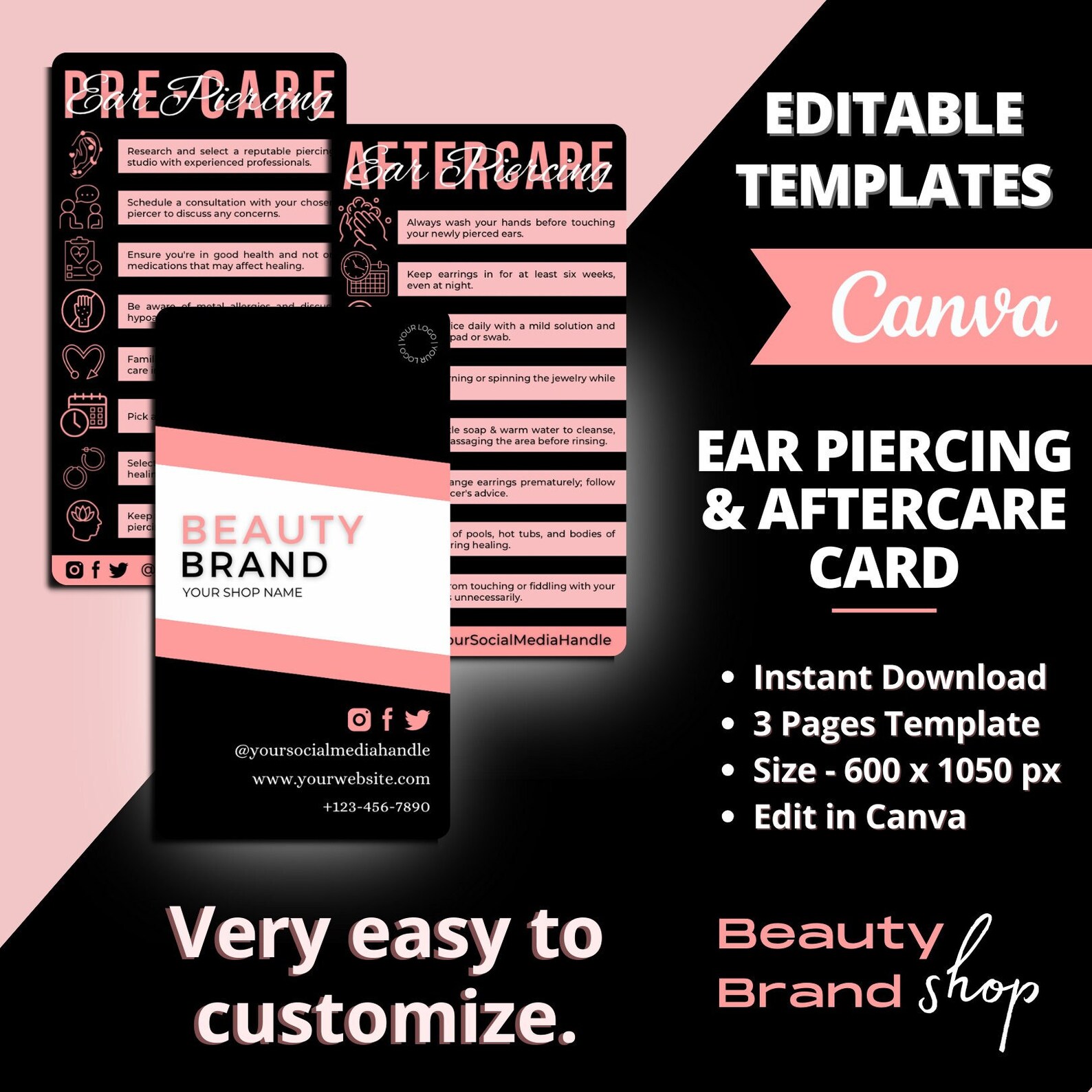 Ear Piercing Aftercare Template Editable Piercing Guide Card - Etsy