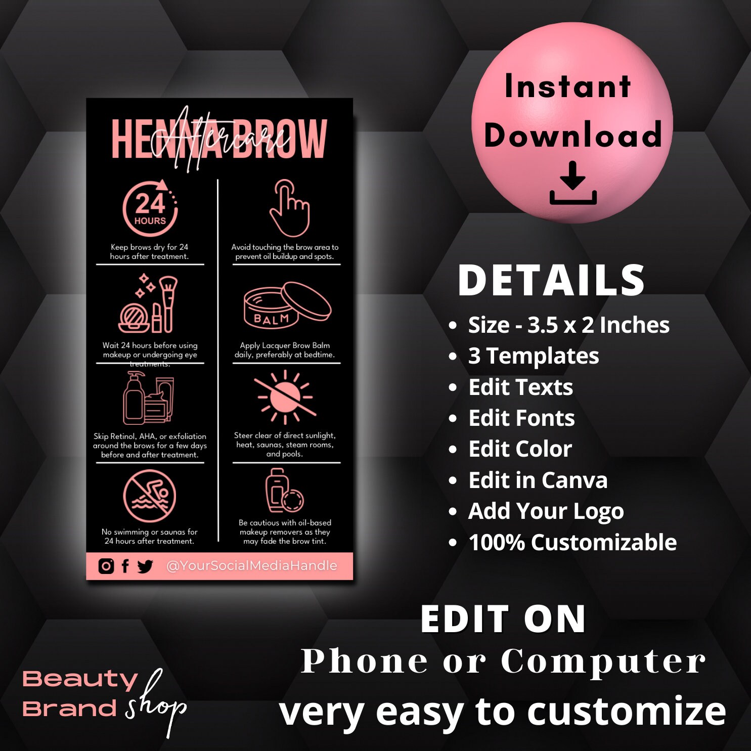 Henna Brows Aftercare Card Template, Editable Ombre Henna Brow Business ...