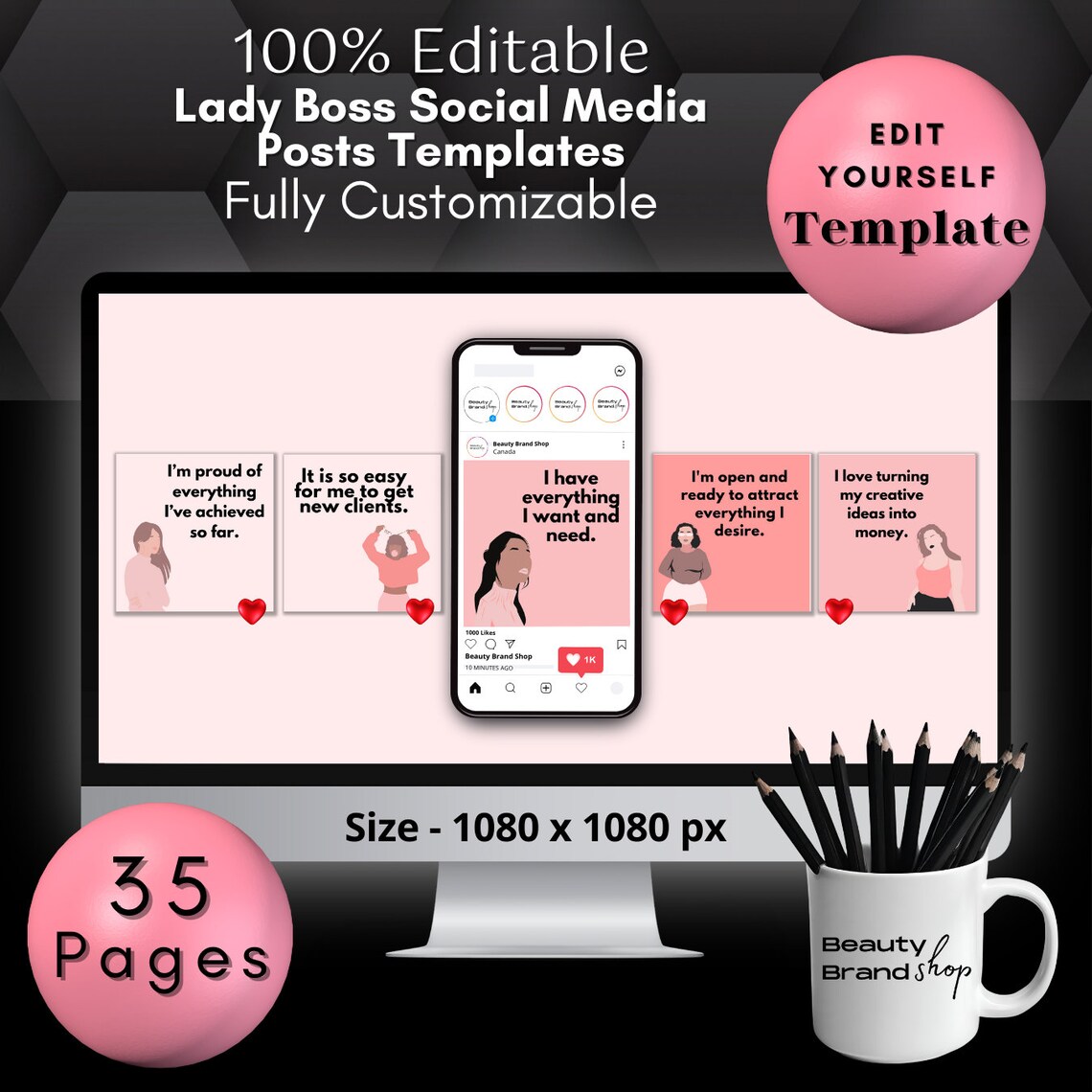 Lady Boss Social Media Templates, Editable 35 Templates in Canva, Girl ...