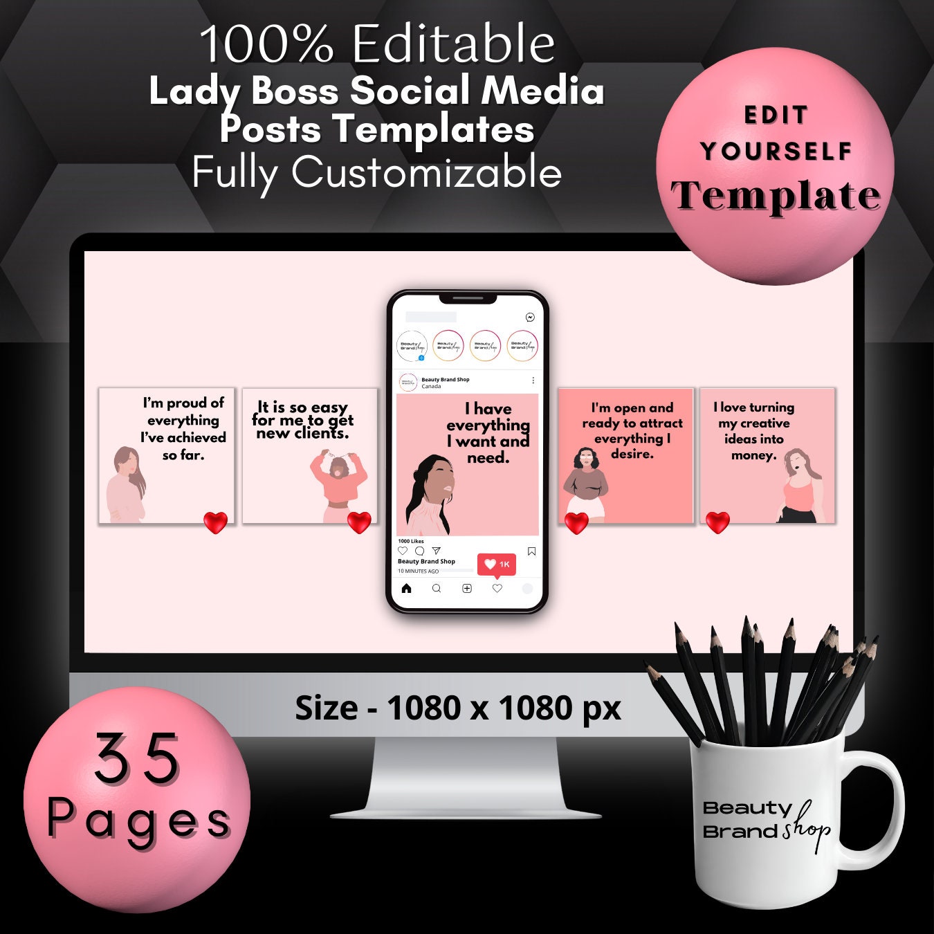 Lady Boss Social Media Templates, Editable 35 Templates in Canva, Girl ...