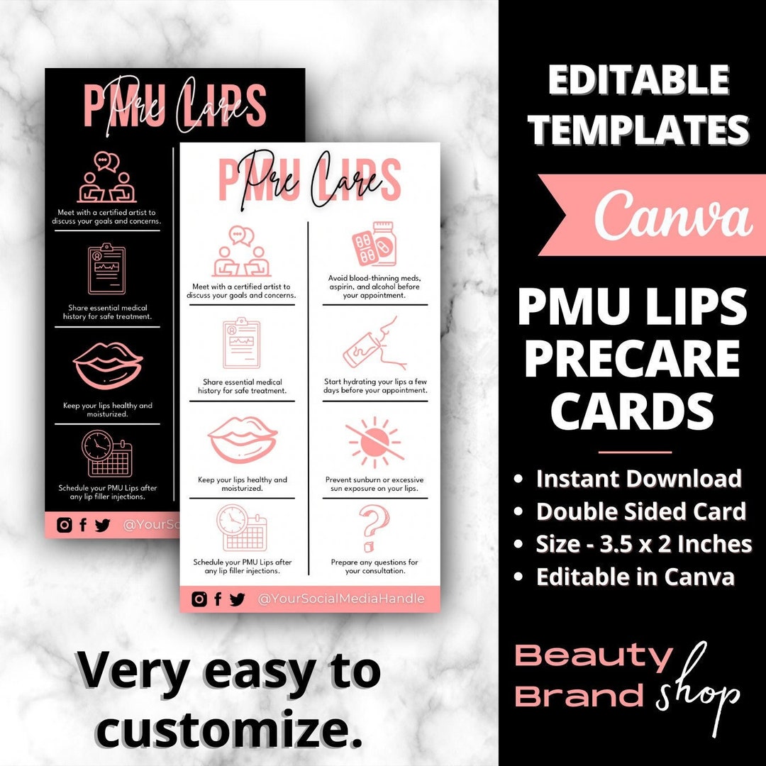 Lip Blushing Pre-care Cards, Lip Blush Aftercare Care Cards, PMU Lip ...