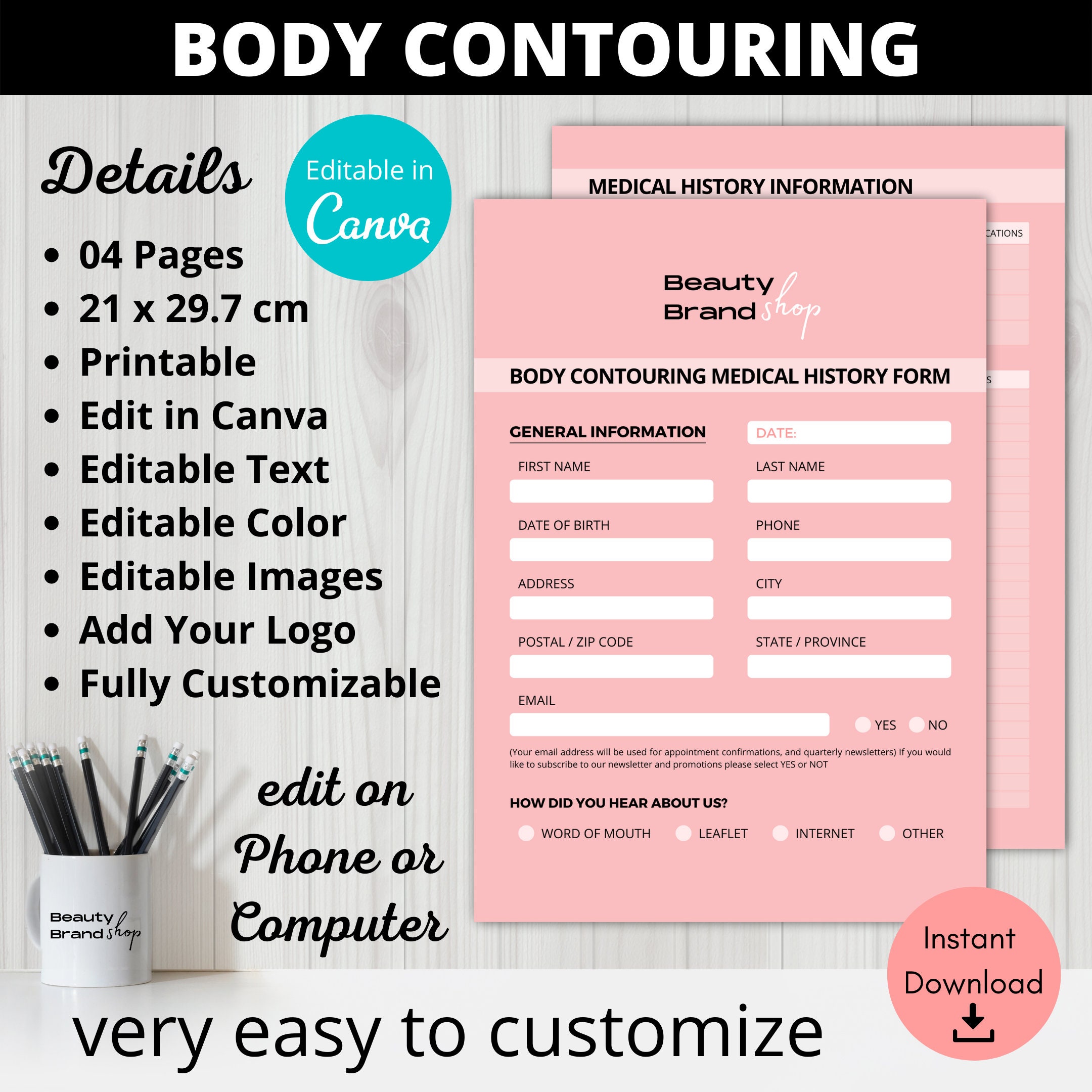 Body Contouring Medical History Form, Editable Body Contouring Consent ...