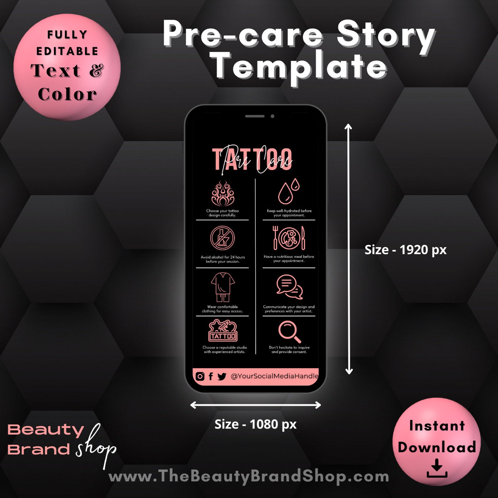 Tattooing Pre-care Story Template, Editable Care Card, Tattoo Studio ...