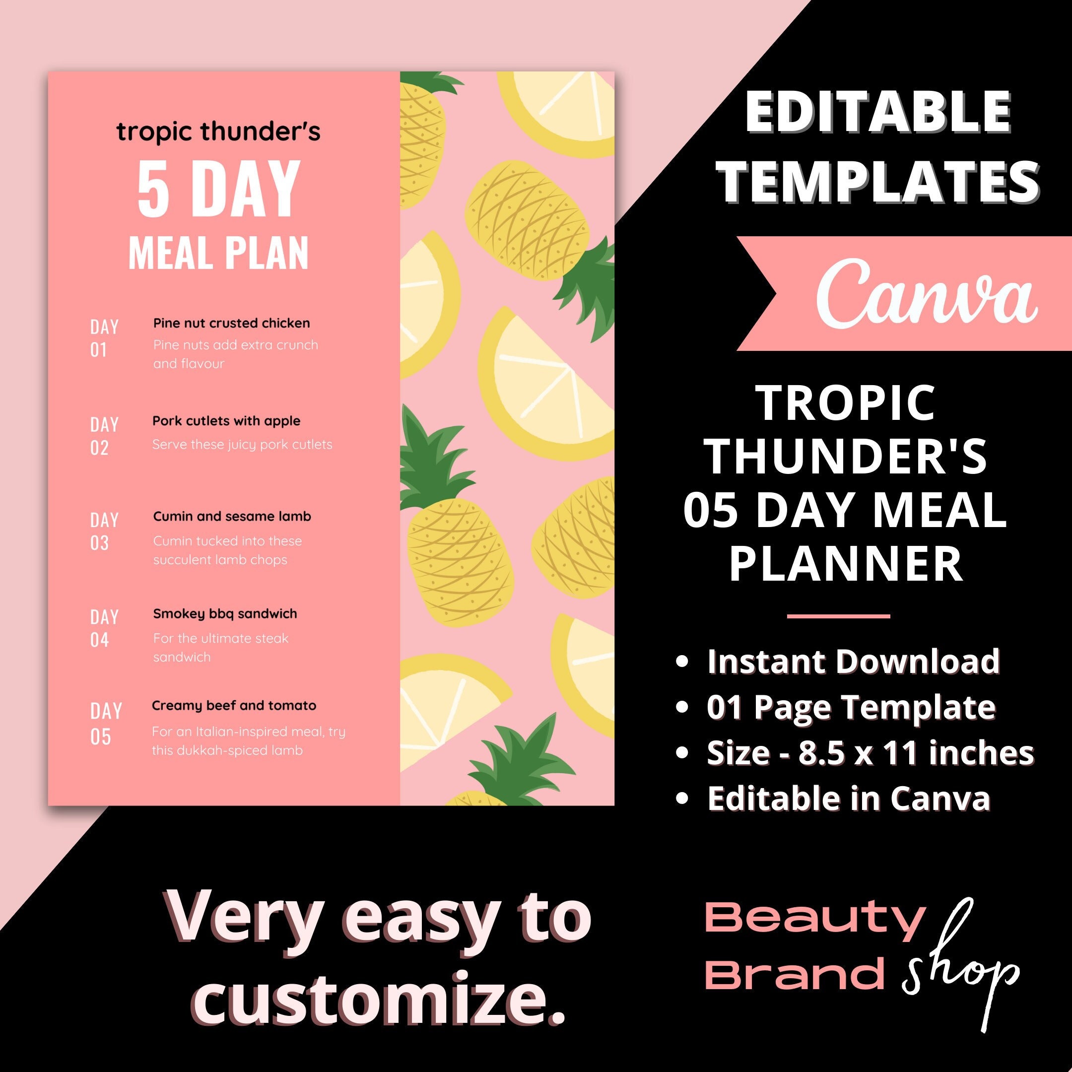 5 Day Meal Planner, Editable Tropic Thunders Meal Planner, Meal ...