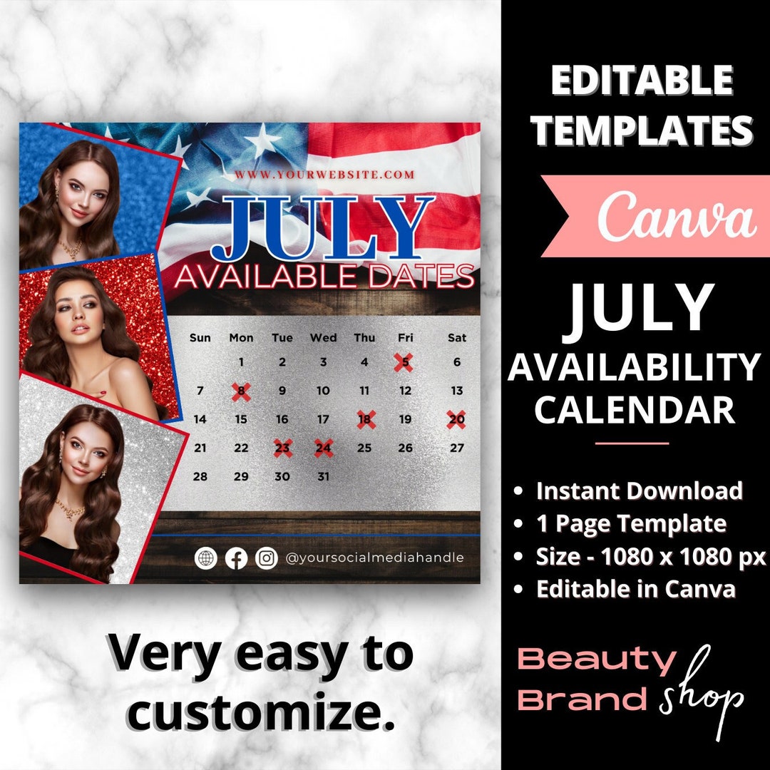 July Availability Calendar, July Bookings Available Dates, Available ...