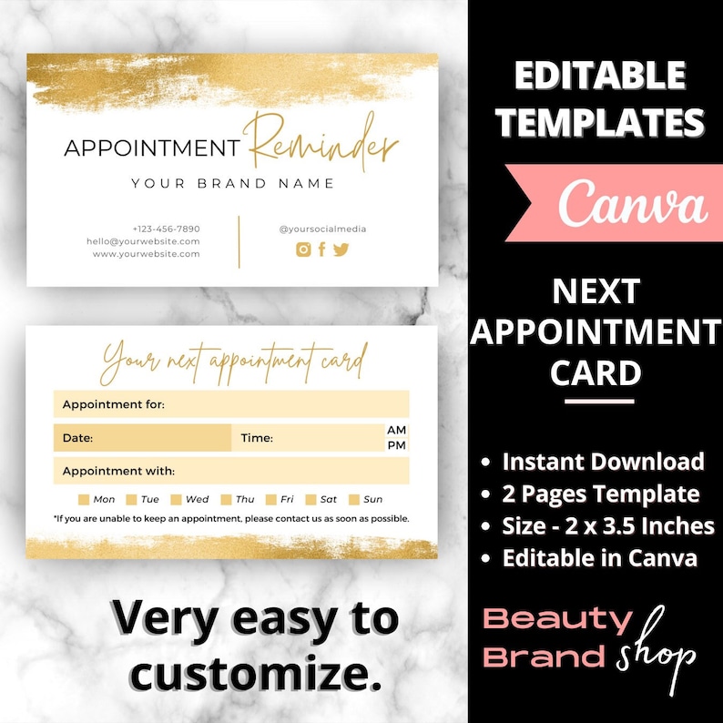 Gold Effect Next Appointment Card Template, Editable Appointment Cards ...