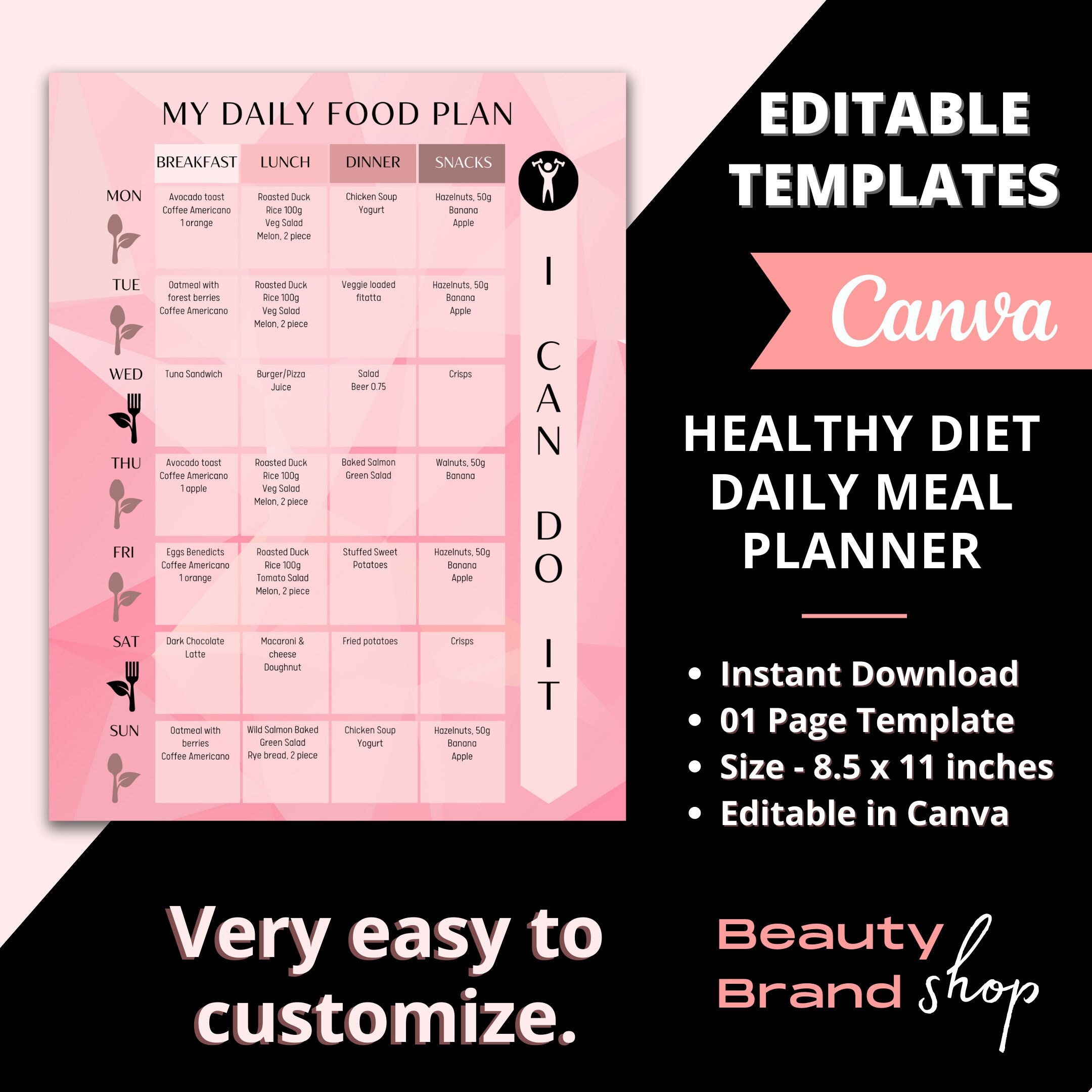 Healthy Diet Daily Food Planner Template Editable Daily Meal - Etsy