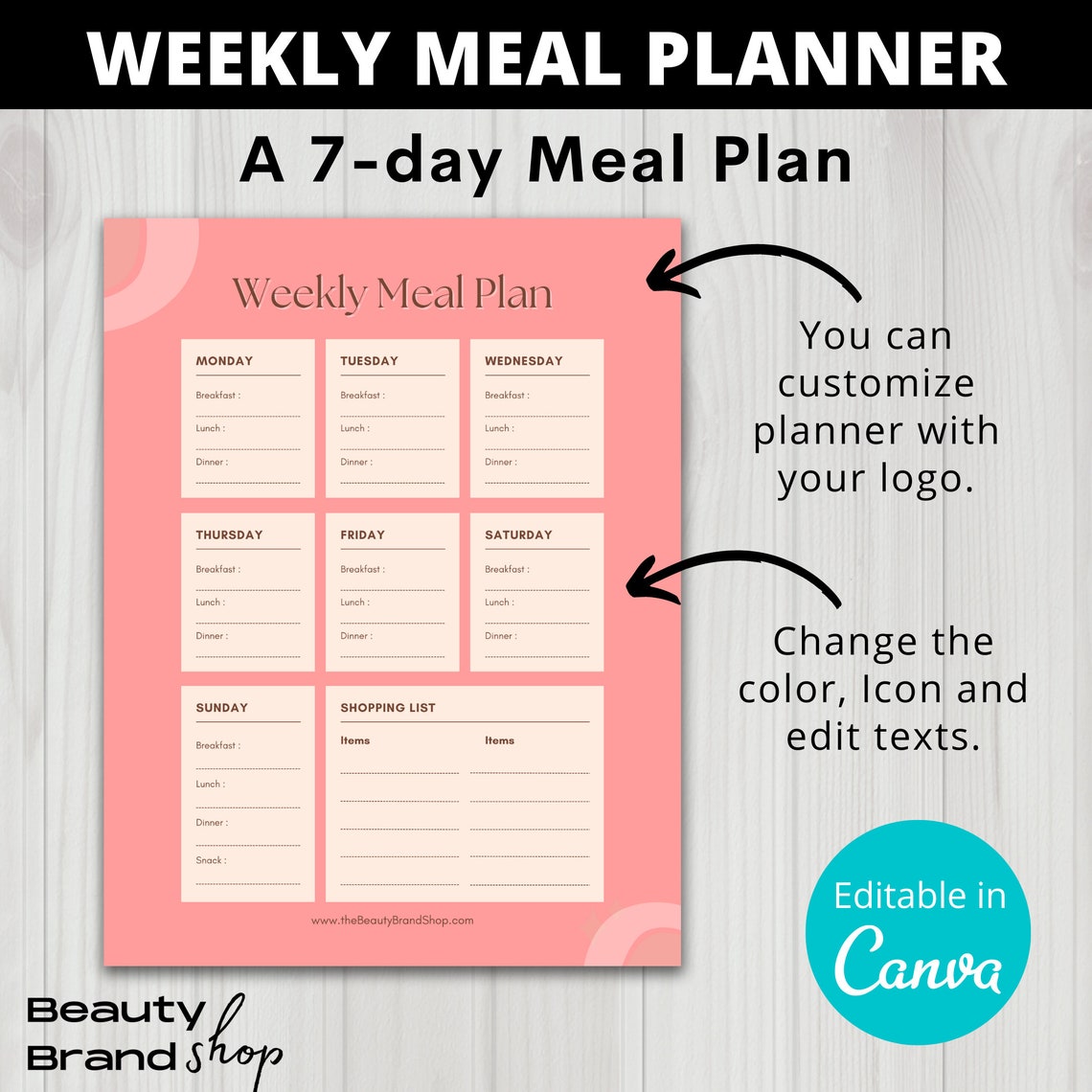 Editable Weekly Meal Planner Canva Meal Planner 7 Day Meal - Etsy