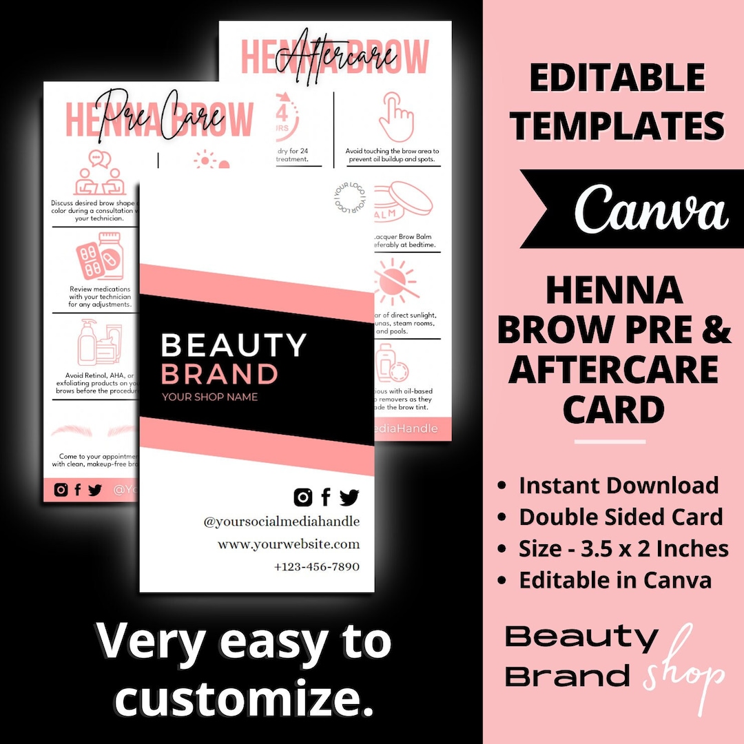 Henna Brows Aftercare Card Template, Editable Ombre Henna Brow Business ...