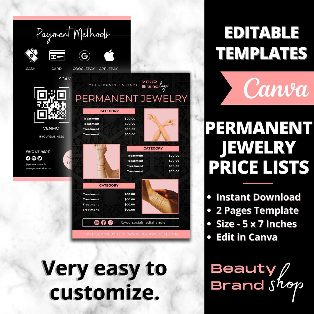 Editable Permanent Jewelry Price Lists, Printable Price List Design ...
