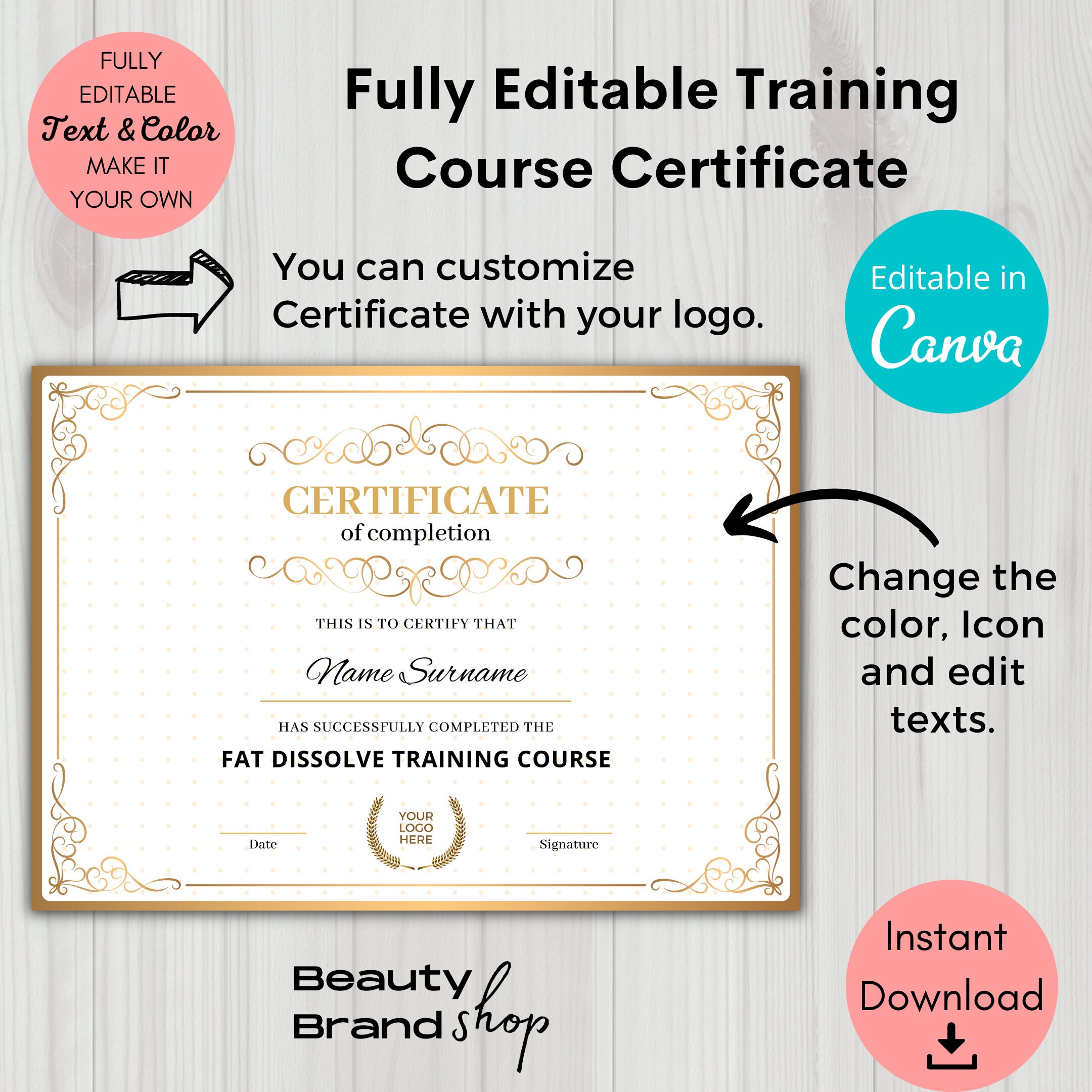 Editable Certificate of Completion, Printable Fat Dissolve Course ...