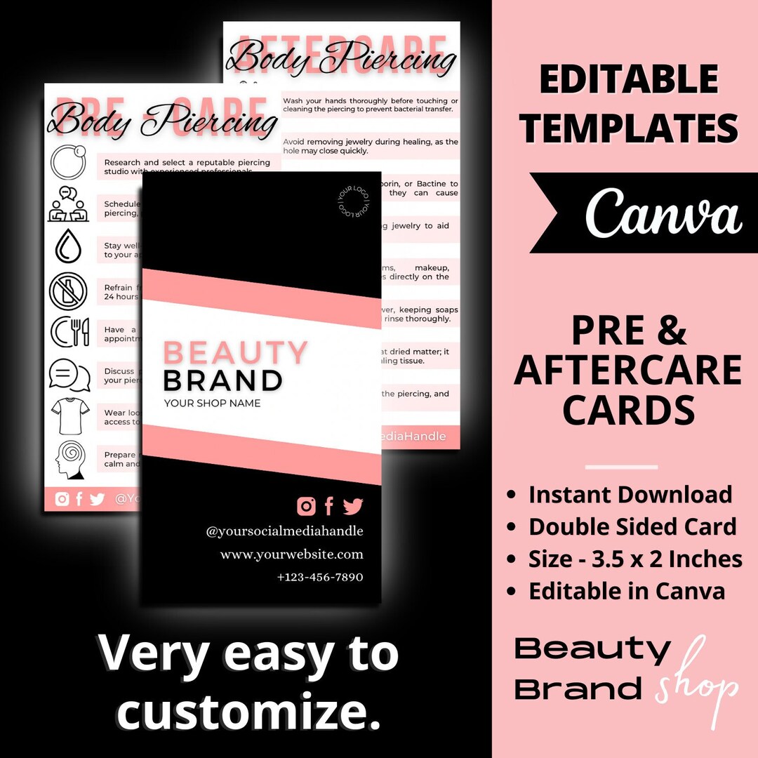 Body Piercing Aftercare Card, Body Piercing Care Card, Piercing After ...