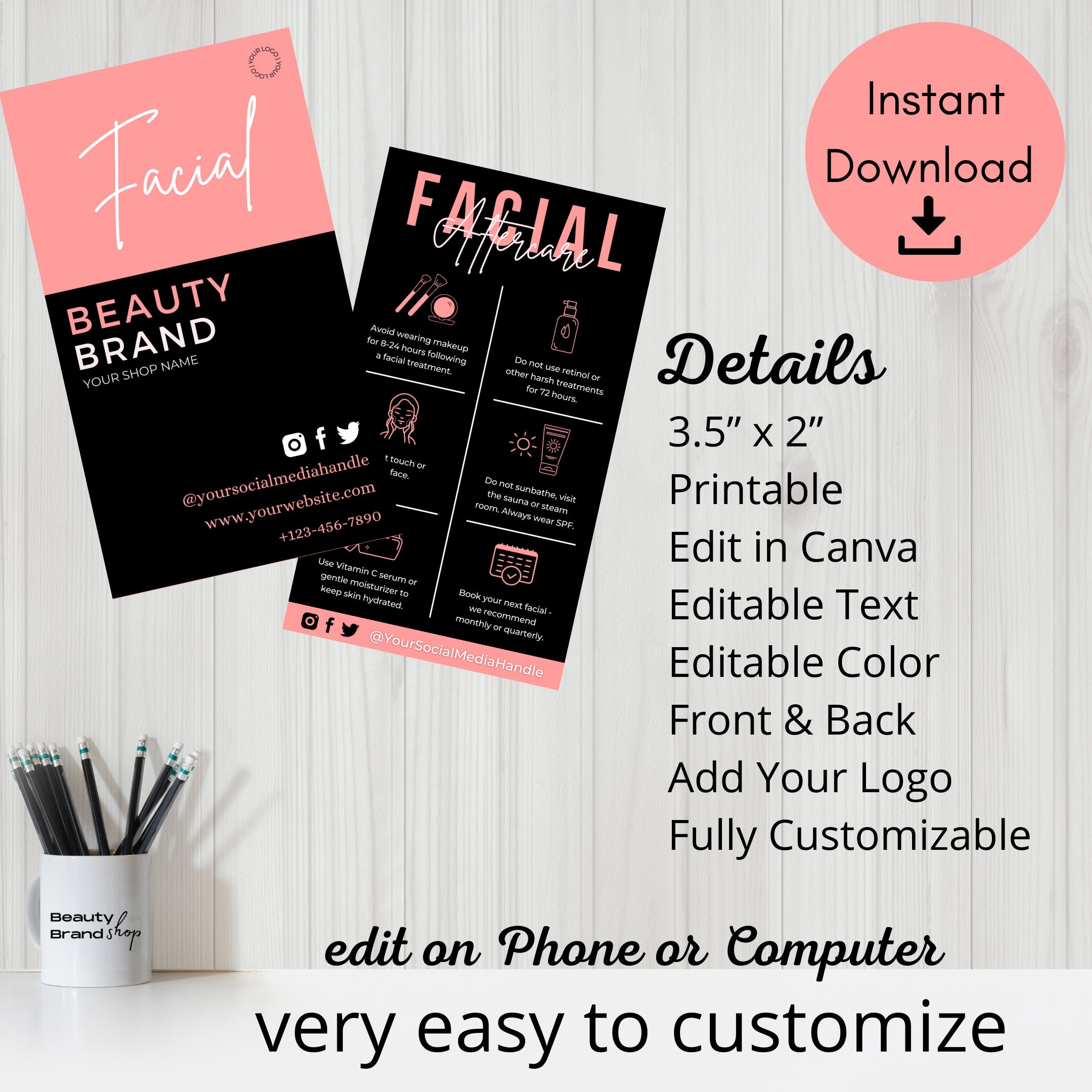 Facial Care Card Template, Editable Facial Aftercare Card, Facial ...