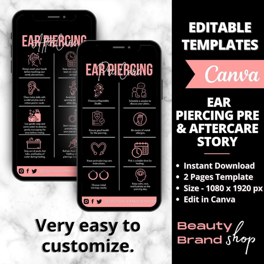 Ear Piercing Pre & Aftercare Story, Editable Piercing Guide Card ...