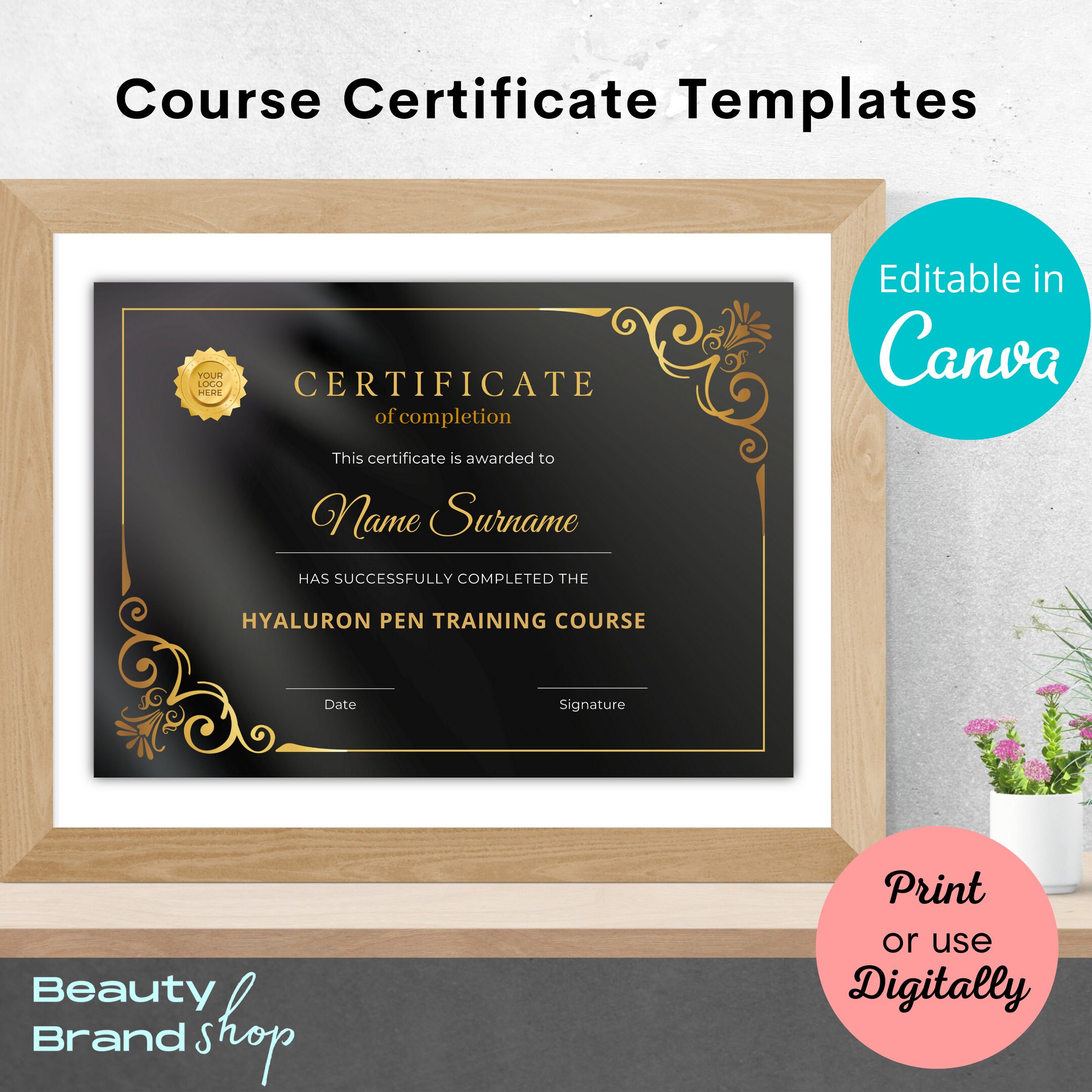 Certificate Template, Editable Certificate of Completion, Black & Gold ...