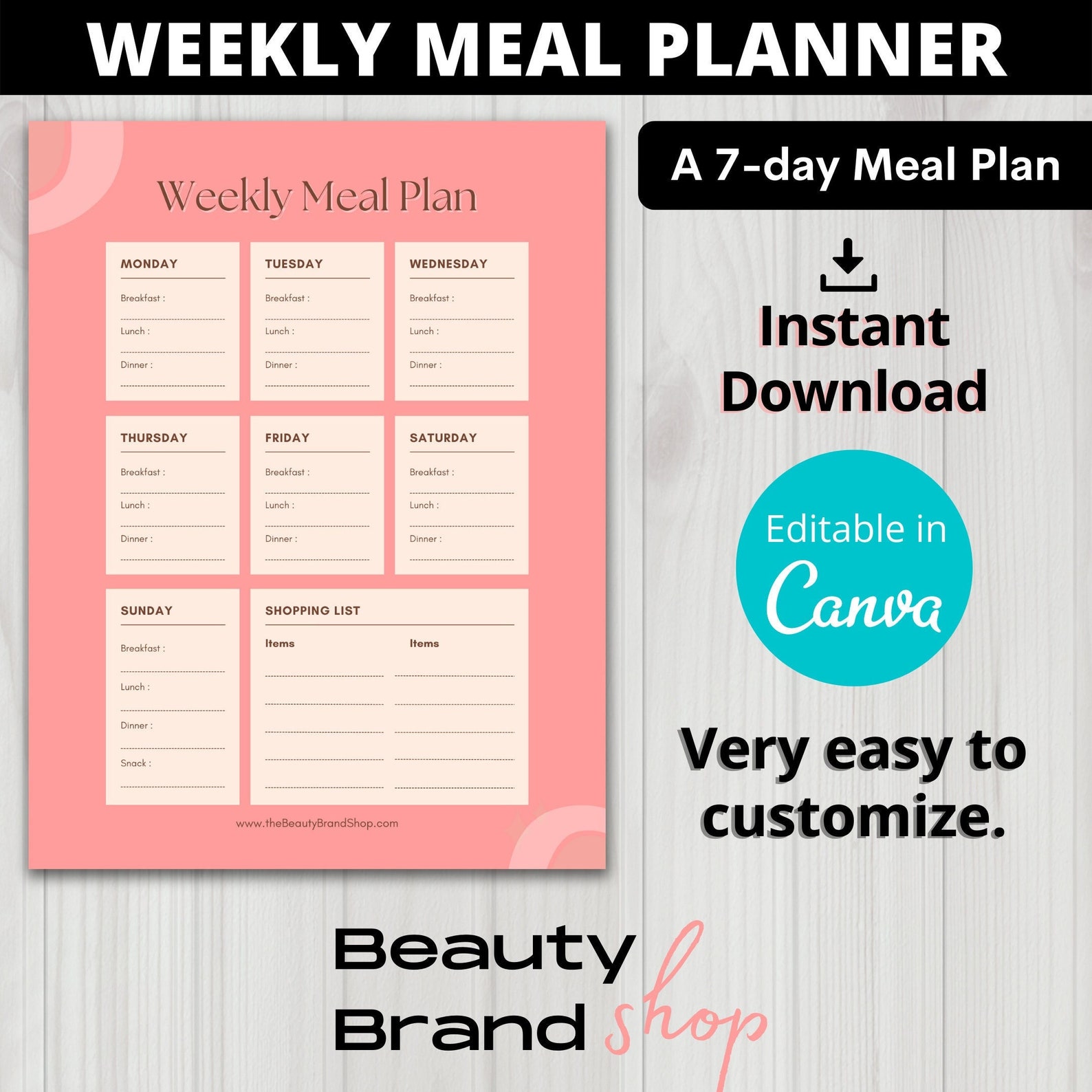 Editable Weekly Meal Planner Canva Meal Planner 7 Day Meal - Etsy