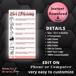 Ear Piercing Aftercare Template, Editable Piercing Guide Card, Piercing ...