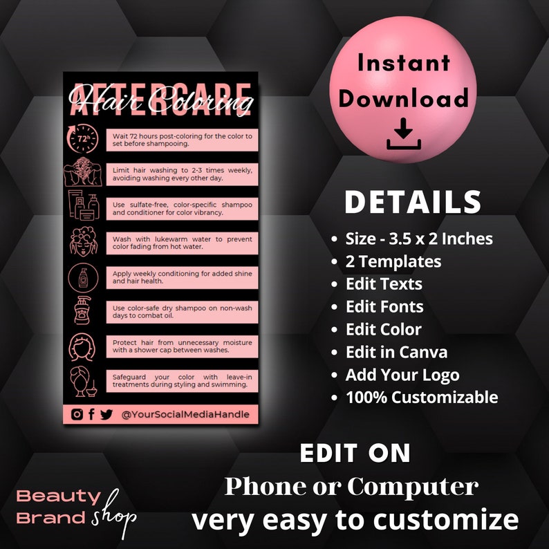 Editable Colored Hair Care Card Template, Dyed Hair Aftercare ...