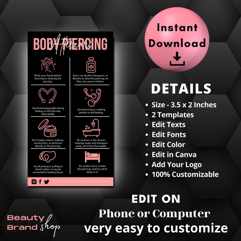 Body Piercing Aftercare Card, Body Piercing Care Card, Piercing After ...