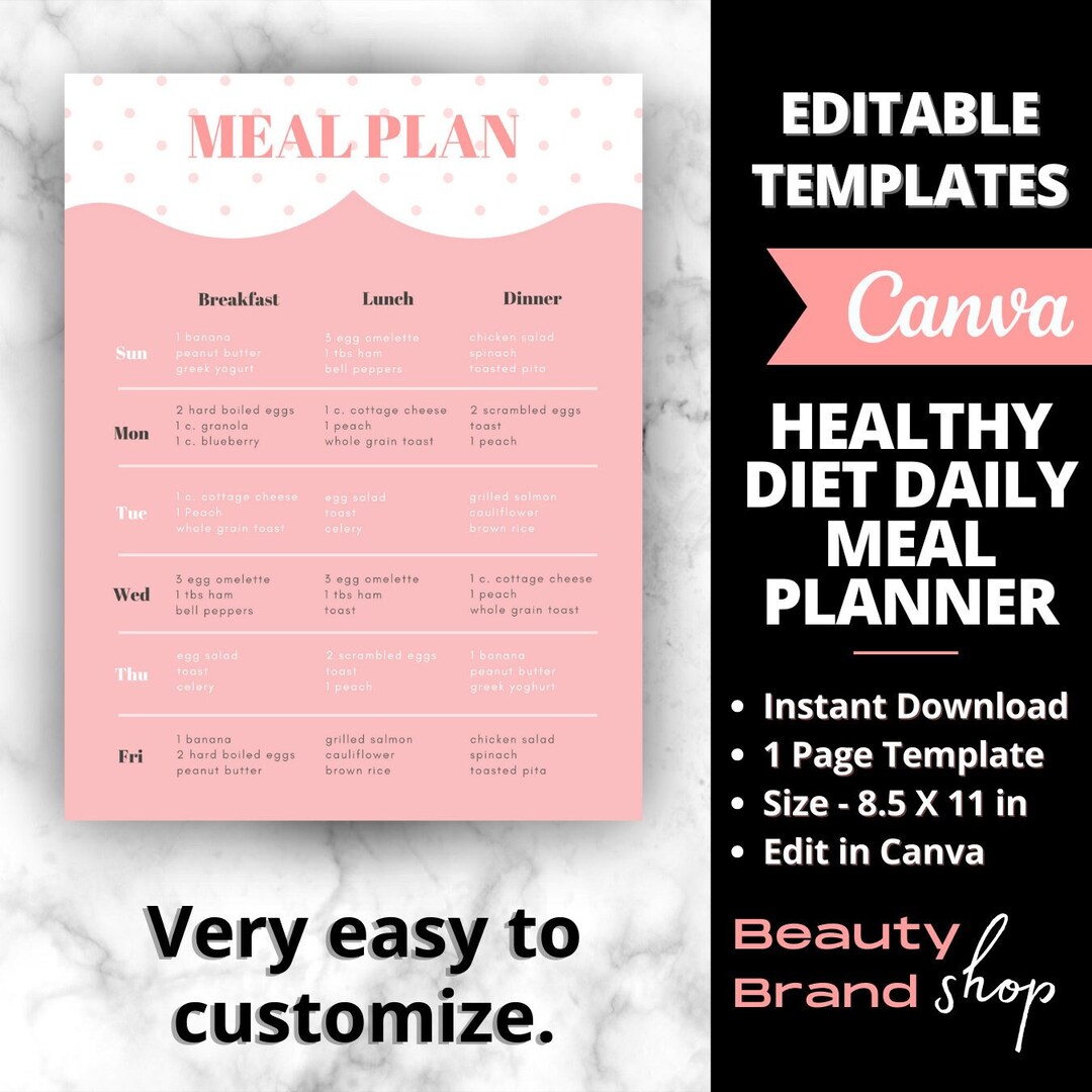 6 Day Meal Planner Template, Editable Canva Meal Planner, Digital Meal ...