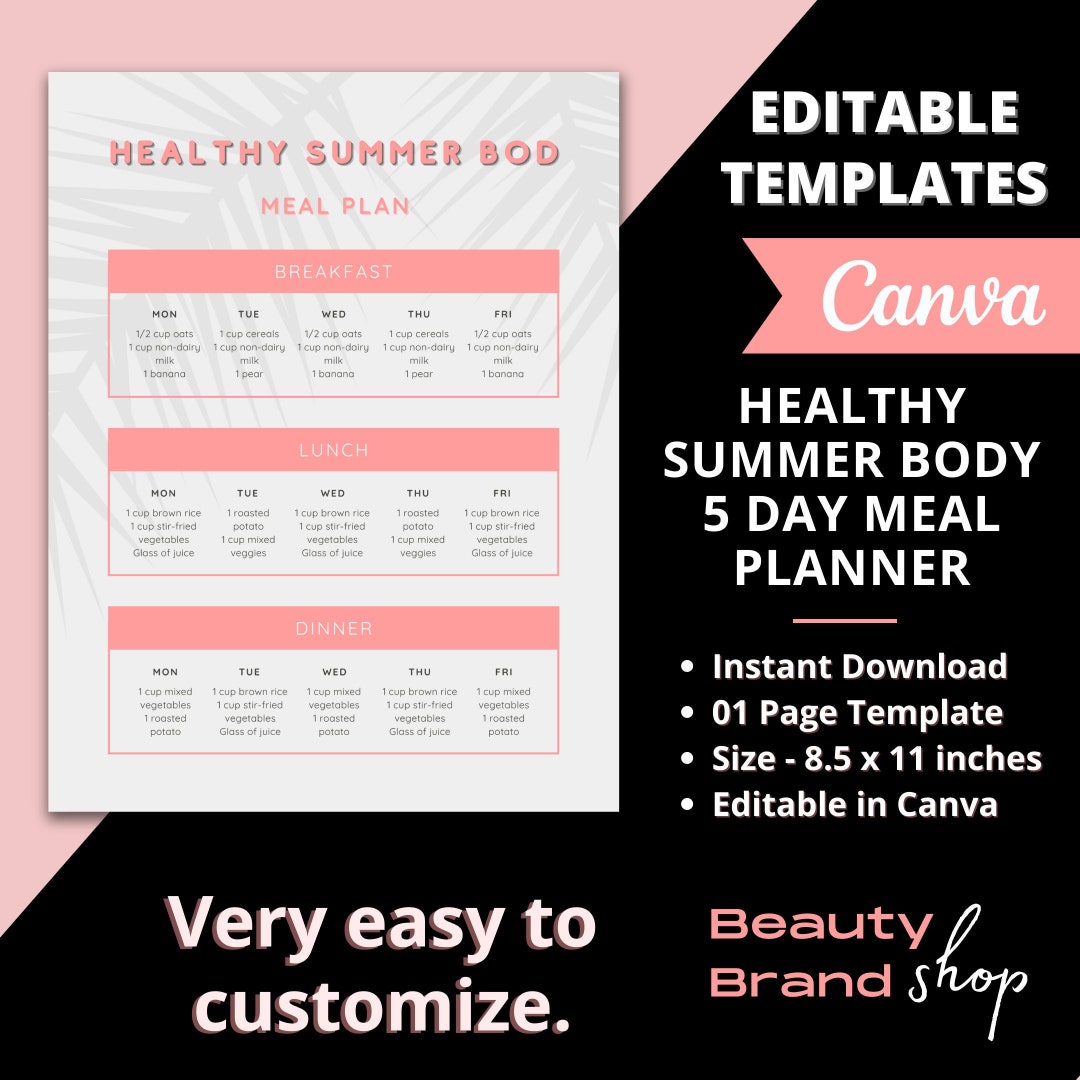 Healthy Summer Body 5 Day Meal Planner Template, Editable Meal Planning ...