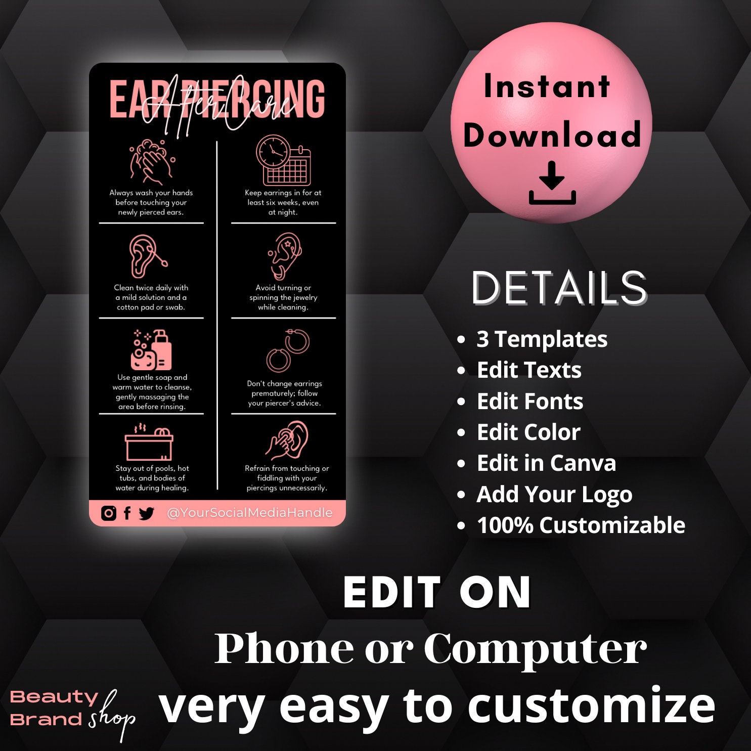 Ear Piercing Aftercare Template Editable Piercing Guide Card - Etsy