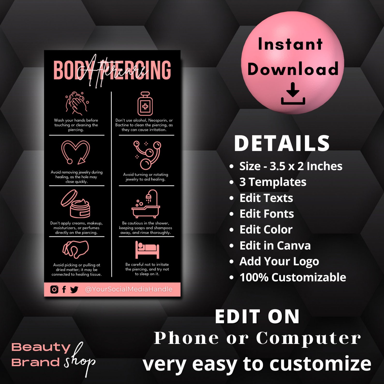 Body Piercing Aftercare Card, Body Piercing Care Card, Piercing After ...