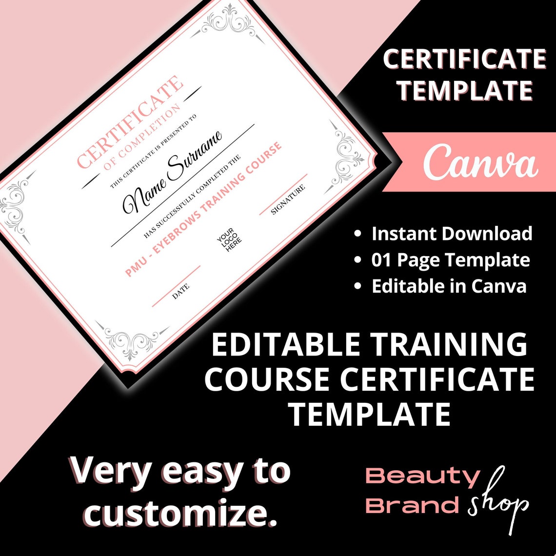 Editable Certificate Template, Stylish Certificate, Pink Course Award ...