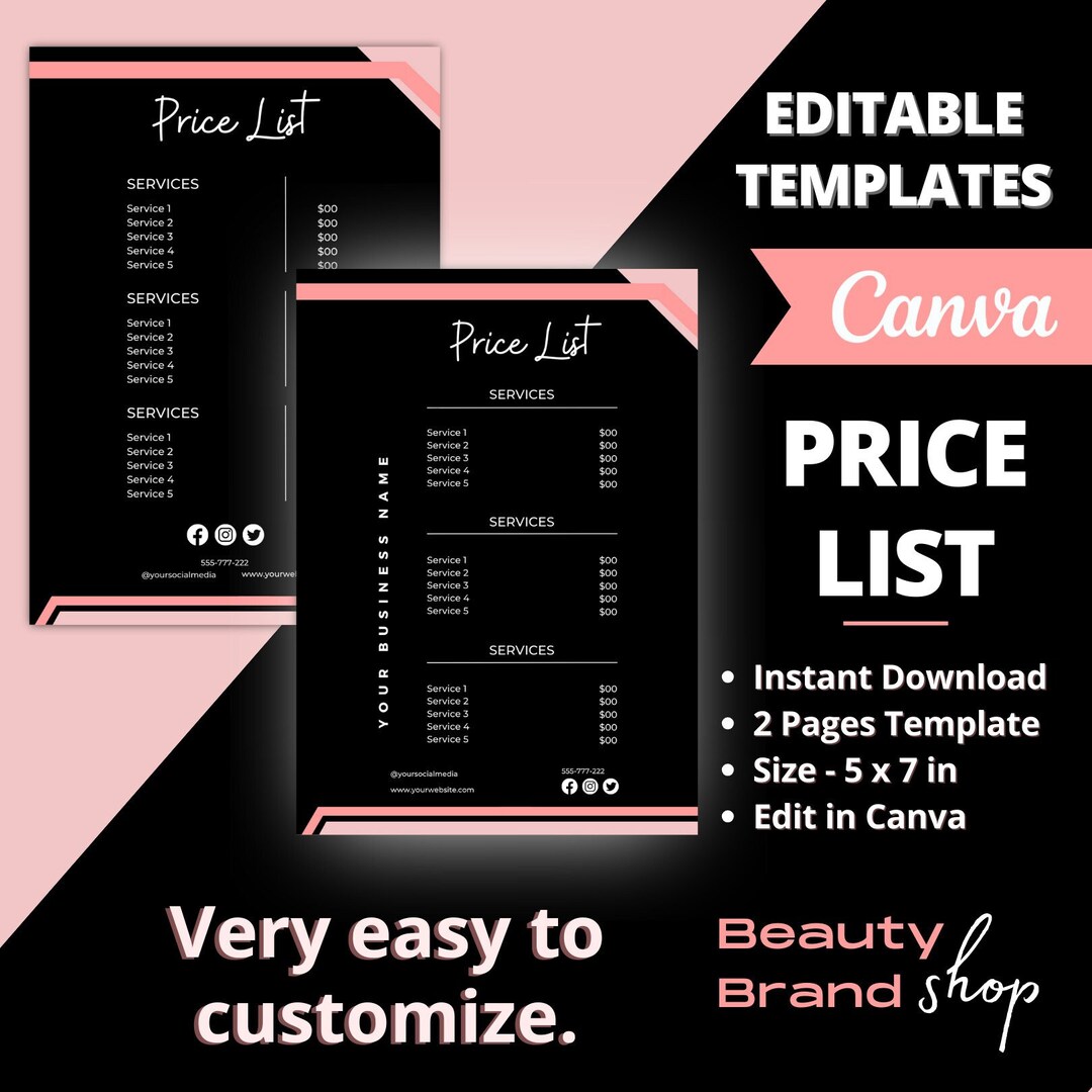 Stylish Price List Template for Makeup, Hair, Beauty, Spa, Lash ...
