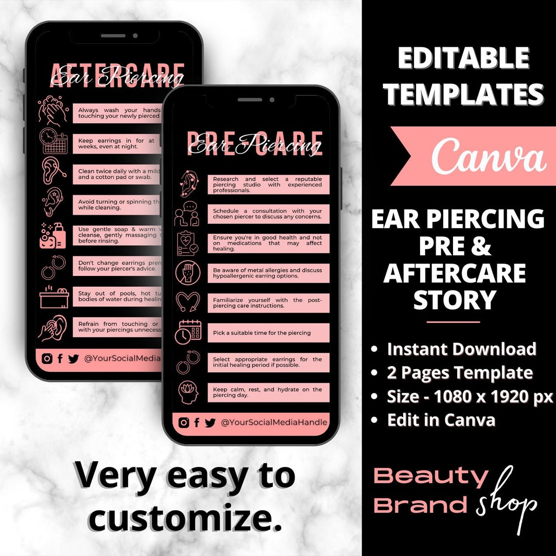 Ear Piercing Pre & Aftercare Story, Editable Piercing Guide Card ...