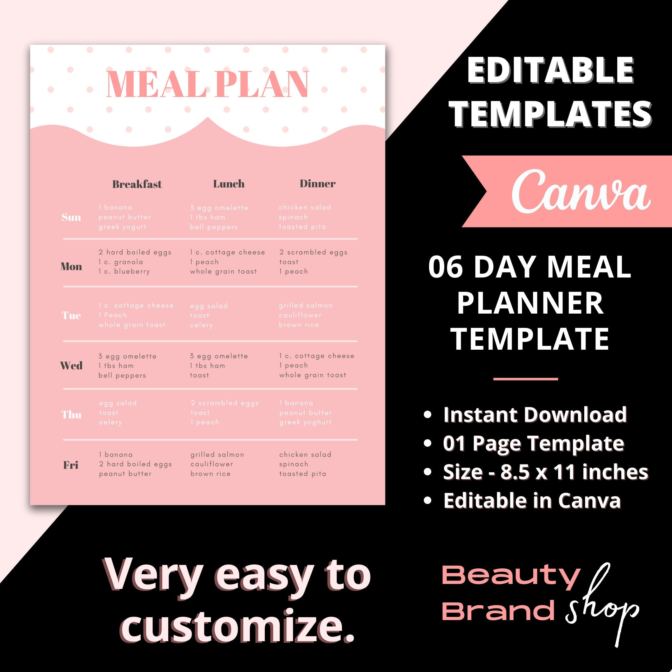 6 Day Meal Planner Template, Editable Canva Meal Planner, Digital Meal ...