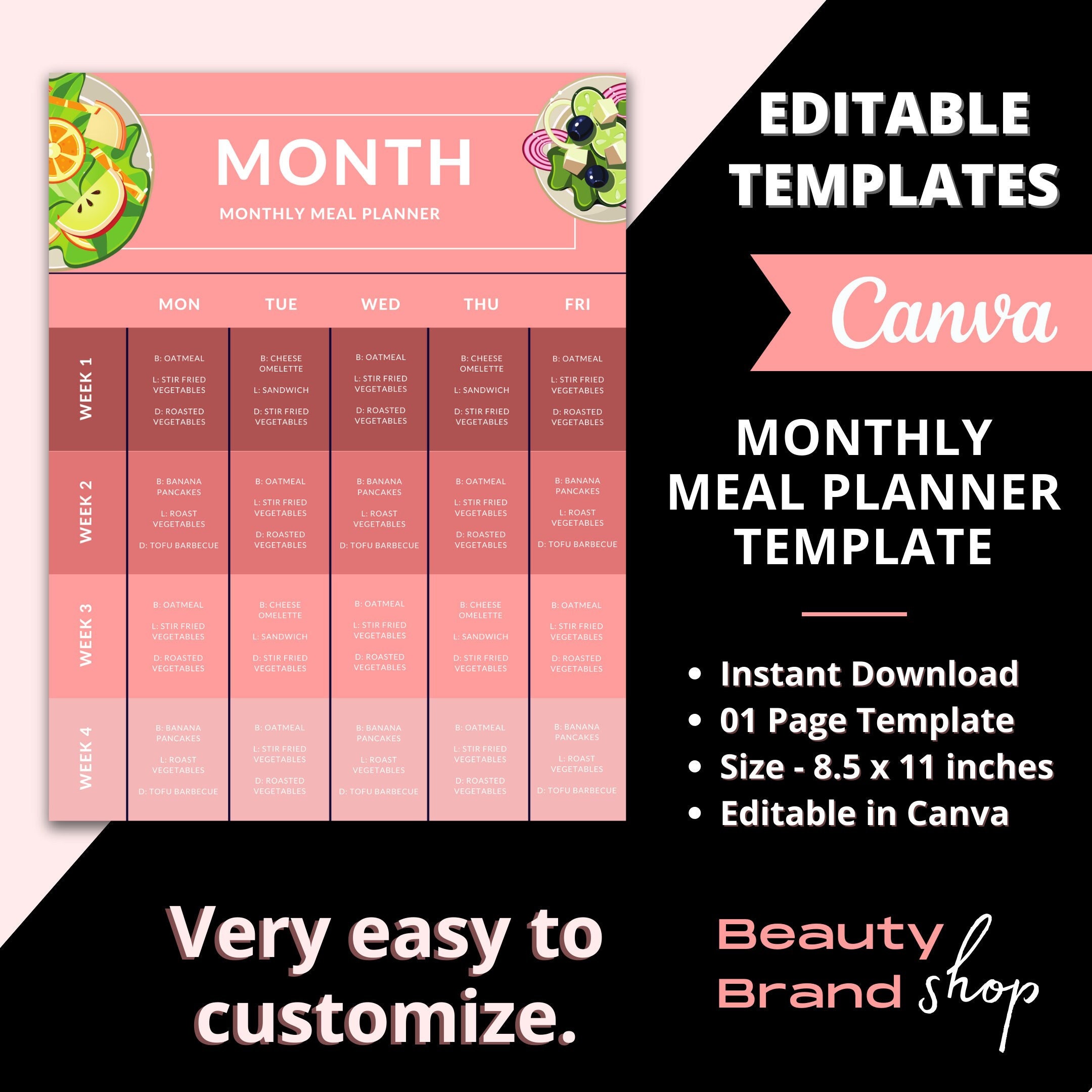 Editable Monthly Meal Planner, Printable 4 Week Meal Planner, Digital ...