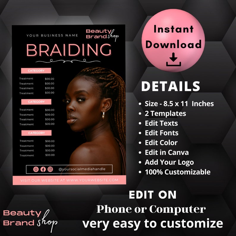 Braids Price List Flyer Templates, Beauty Hair Salon Stylists Pricing ...