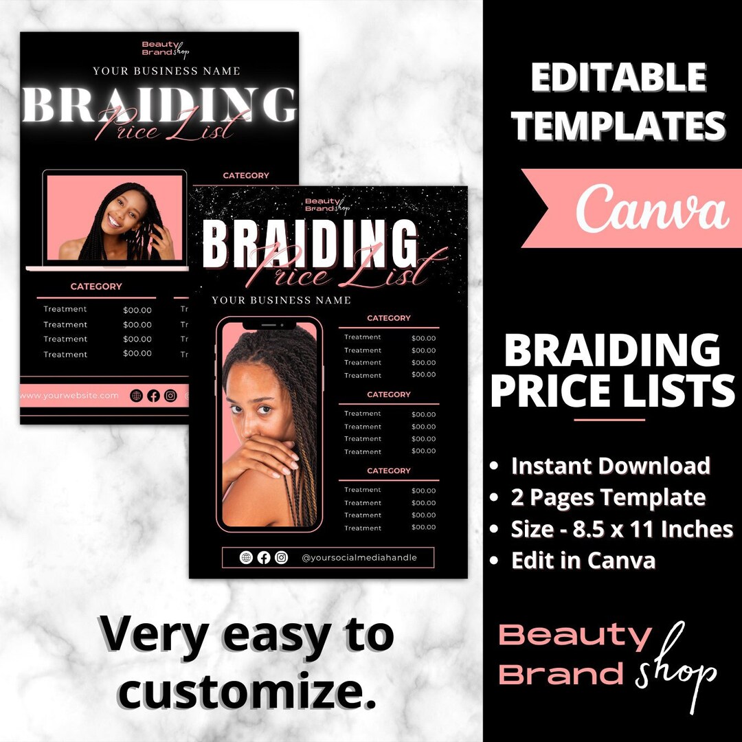 Braids Price List Flyer Templates, Beauty Hair Salon Stylists Pricing ...
