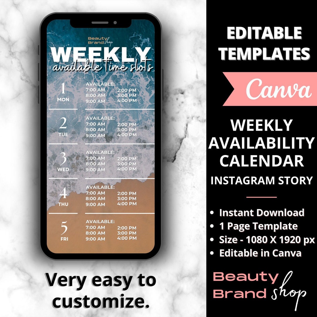 Summer Weekly Availability Calendar Instagram Story, IG Available ...