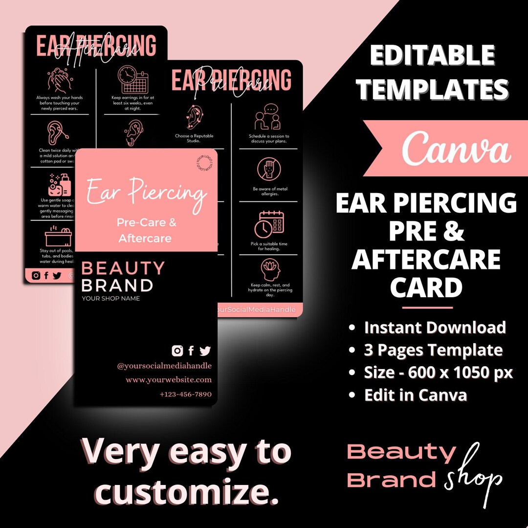 Ear Piercing Aftercare Template Editable Piercing Guide Card - Etsy