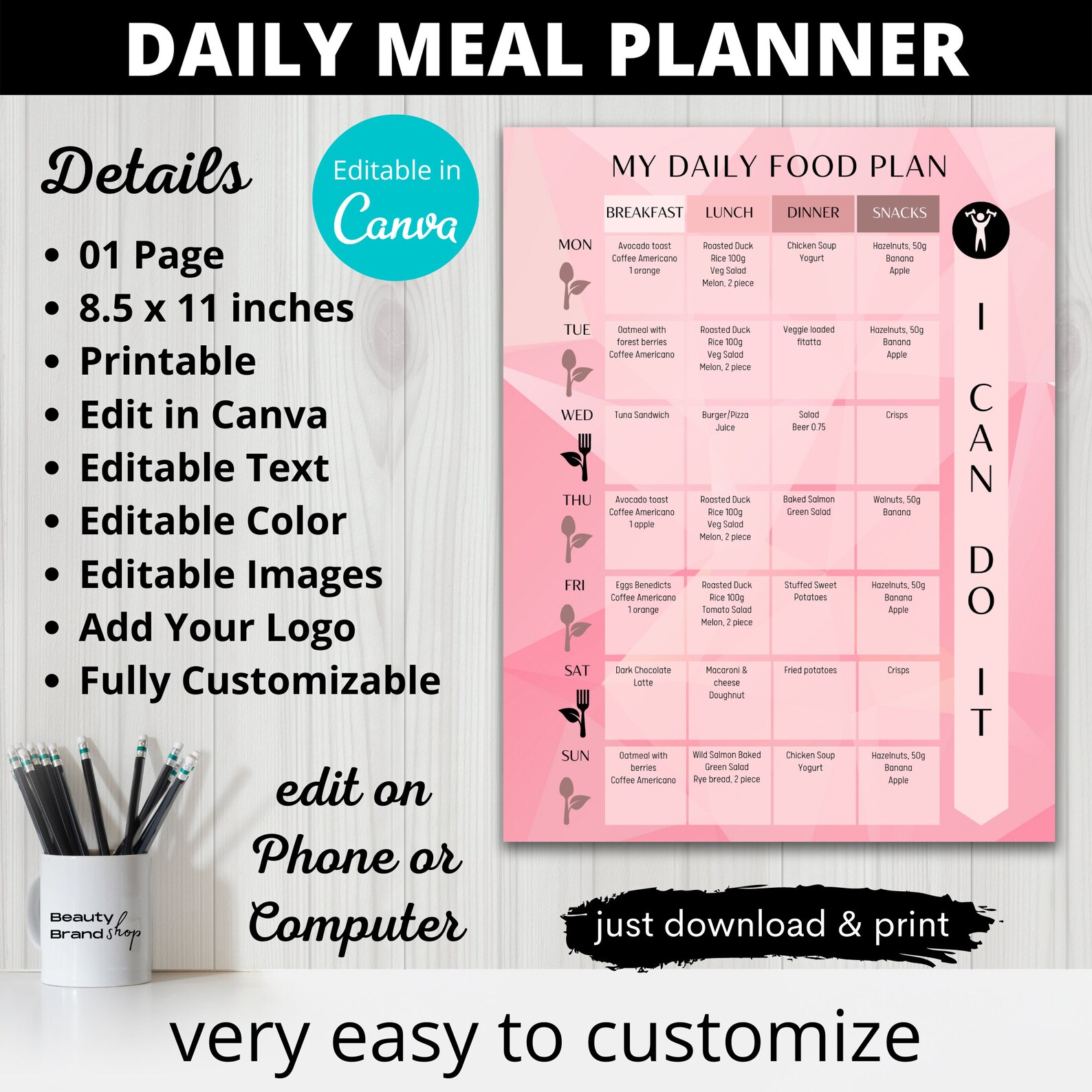 Healthy Diet Daily Food Planner Template Editable Daily Meal - Etsy