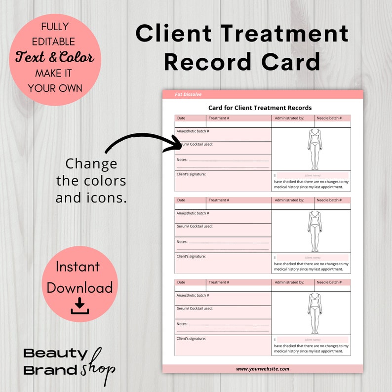 Client Treatment Record Card, Editable Fat Dissolve Forms, Client ...