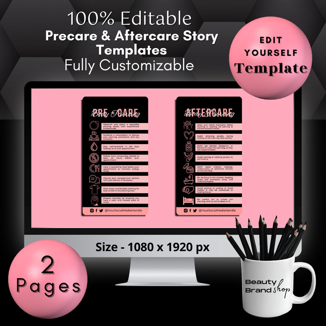 Body Piercing Pre & Aftercare Story, Body Piercing Care Card, Piercing ...