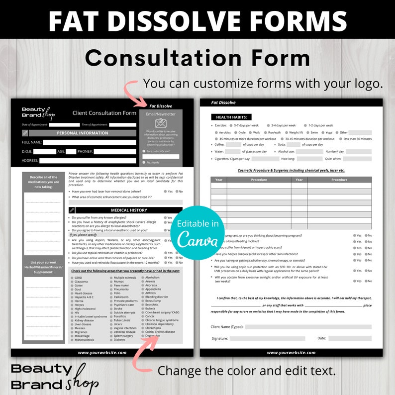 Fat Dissolving Forms, Fat Dissolve Forms, Consent Form, Consultation ...