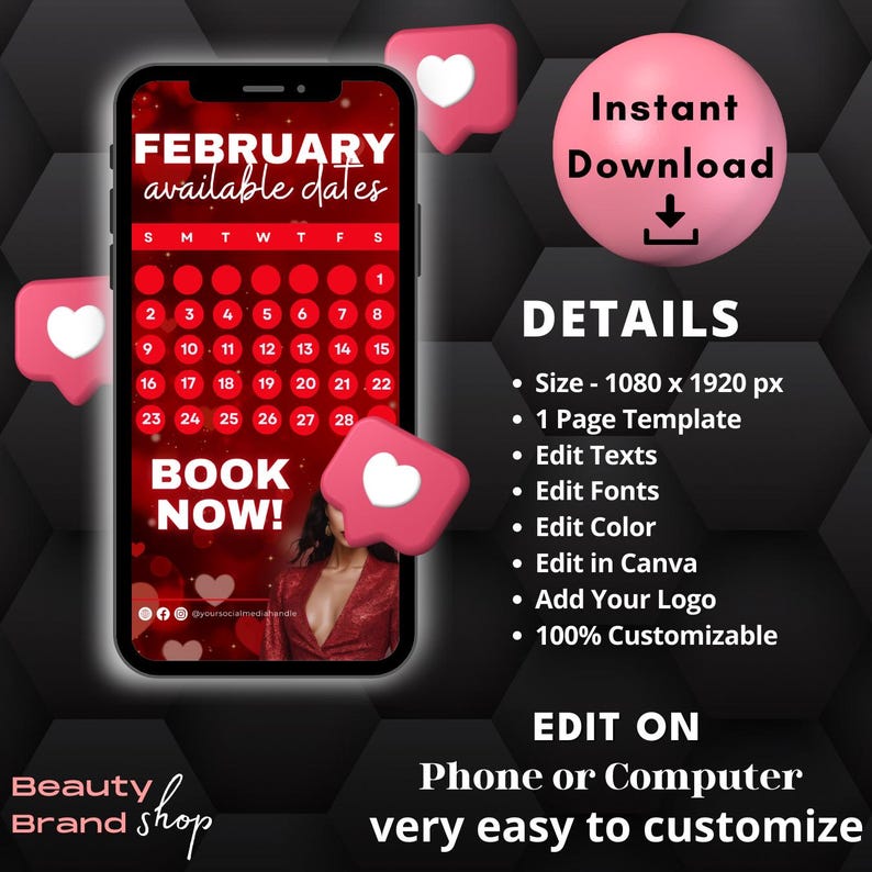 February Availability Calendar Instagram Story, Valentine's Day ...