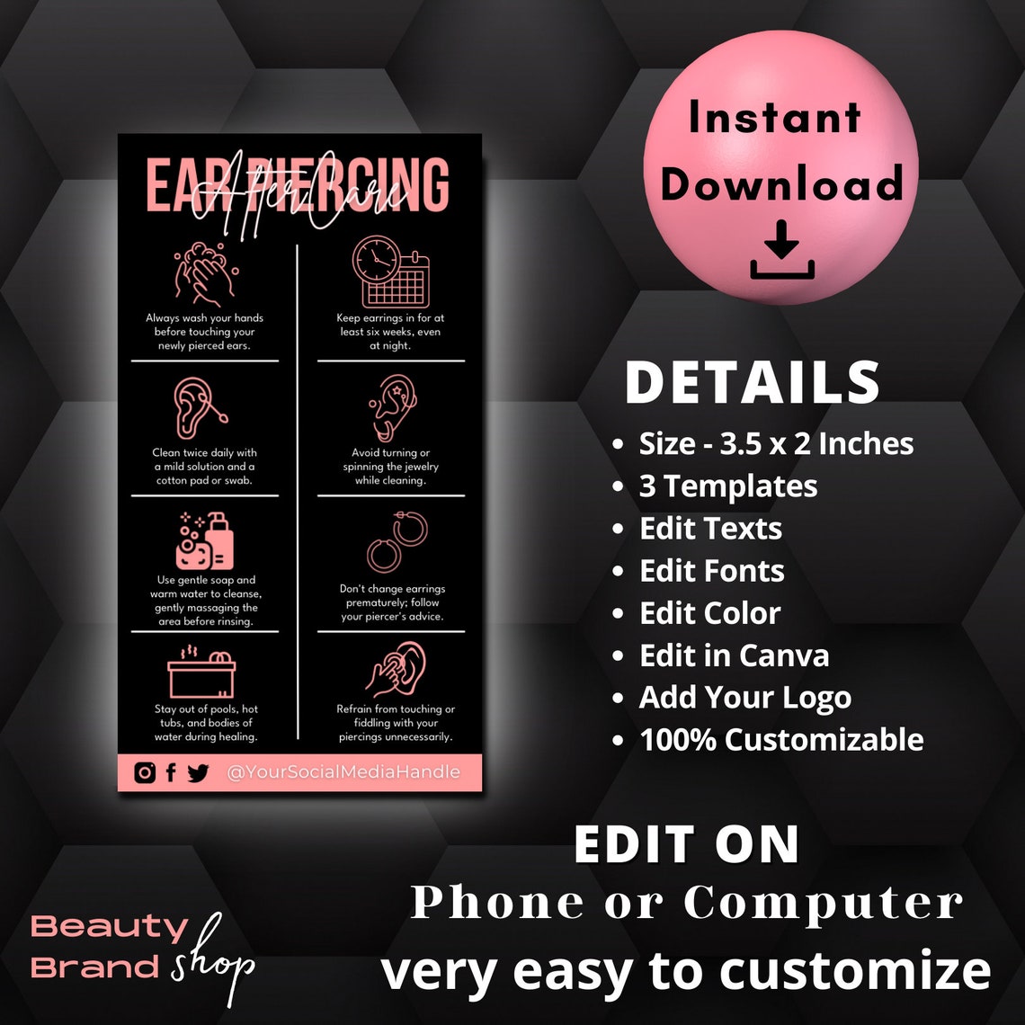Ear Piercing Aftercare Template, Editable Piercing Guide Card, Piercing ...