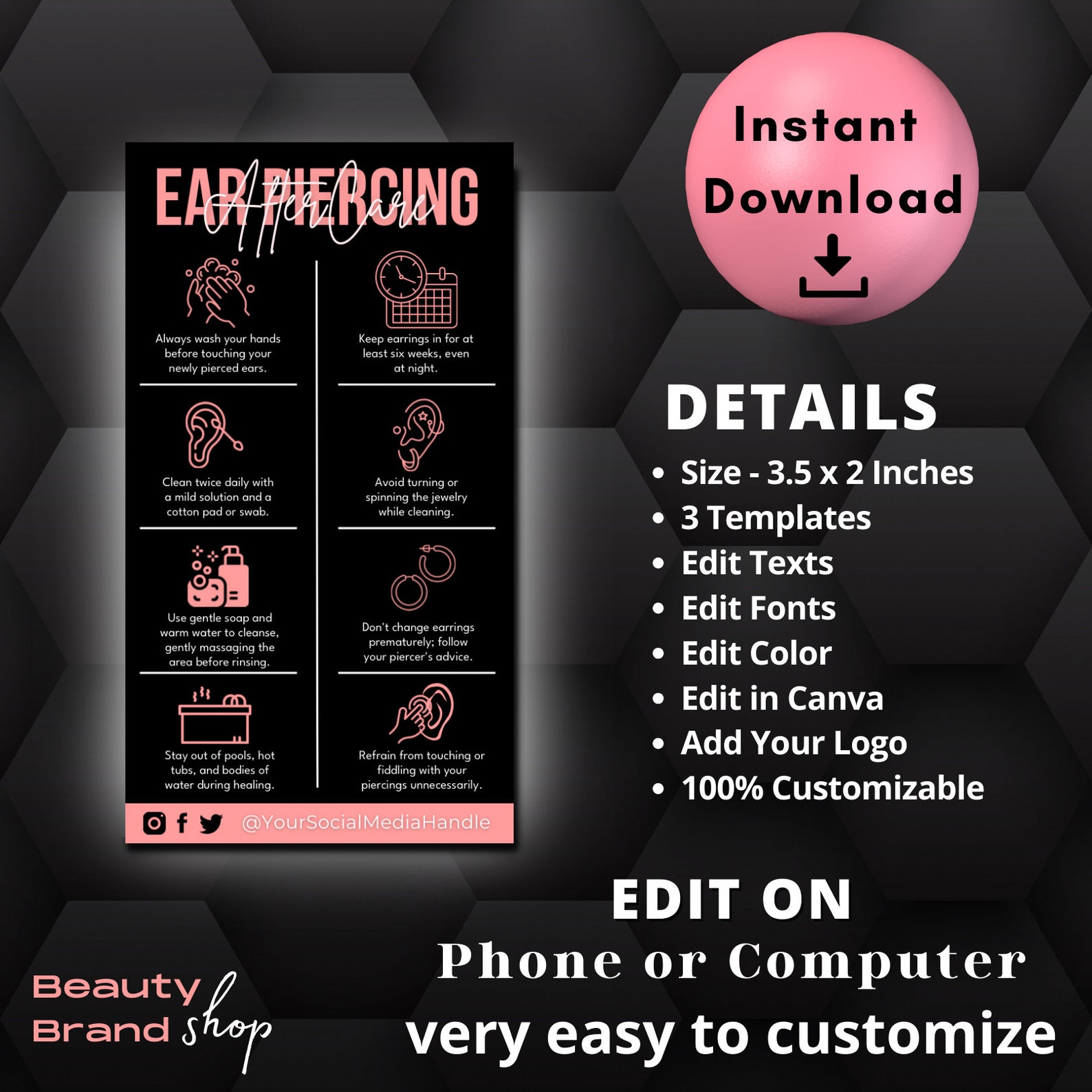 Ear Piercing Aftercare Template, Editable Piercing Guide Card, Piercing ...