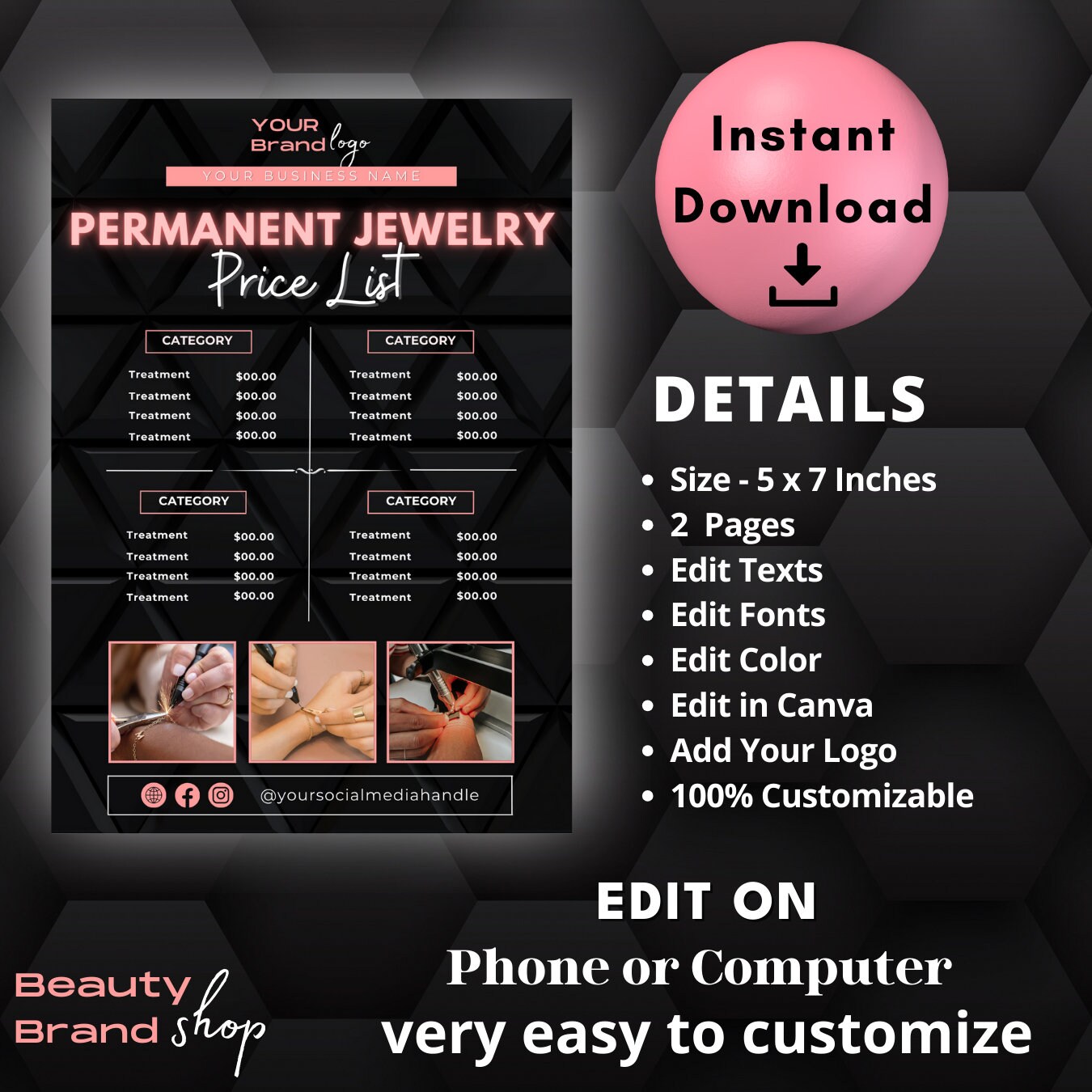 Editable Permanent Jewelry Price Lists, Printable Price List Design ...