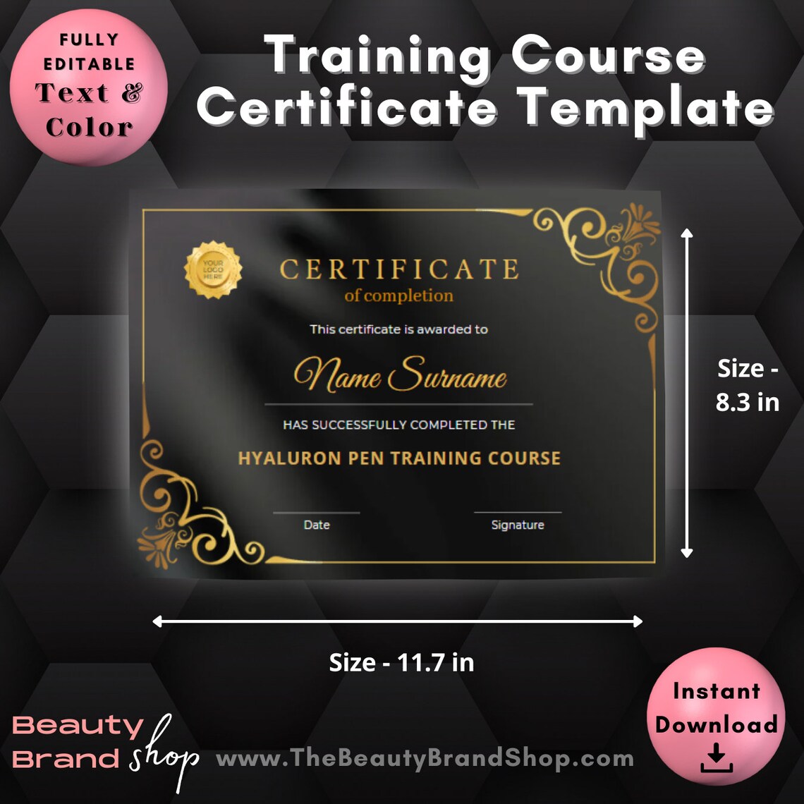 Certificate Template, Editable Certificate of Completion, Black & Gold ...