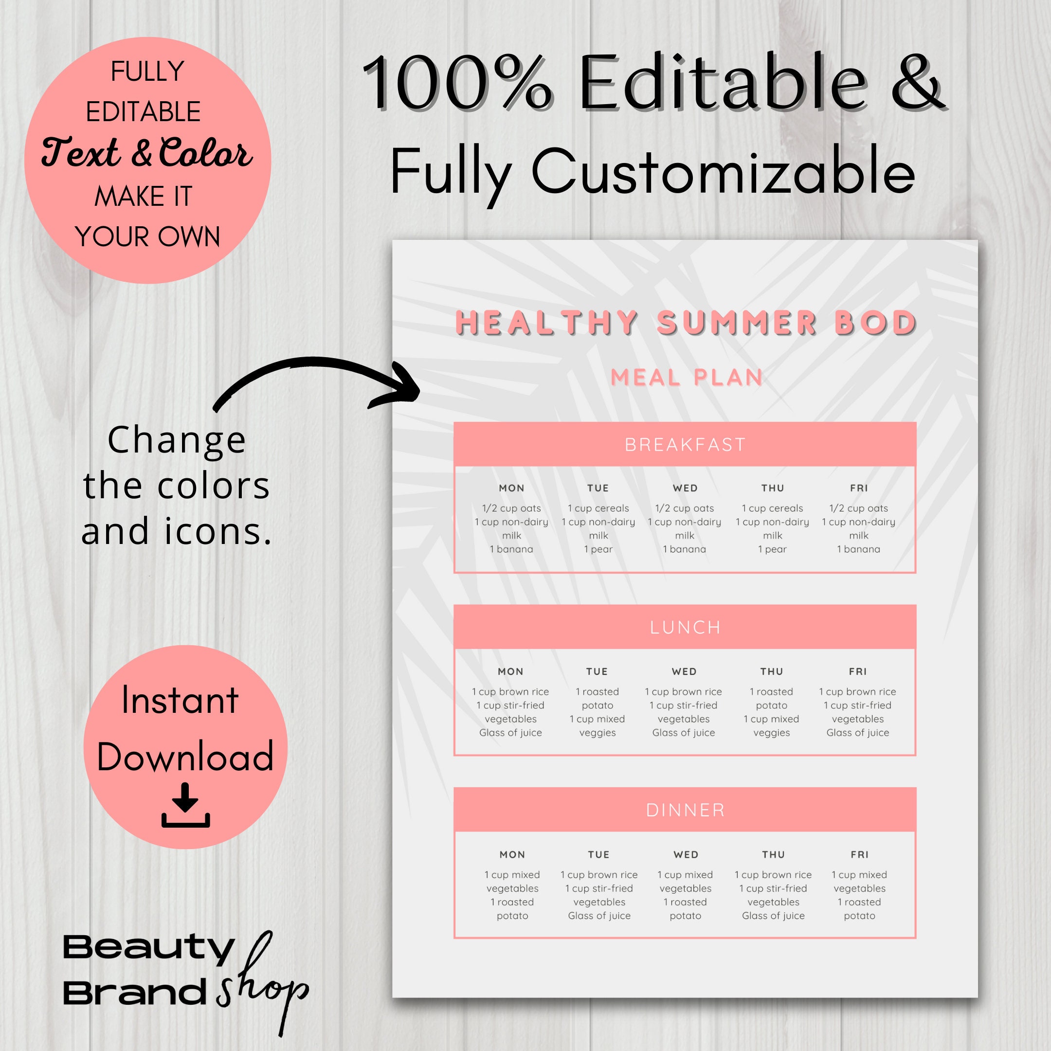 Healthy Summer Body 5 Day Meal Planner Template, Editable Meal Planning ...