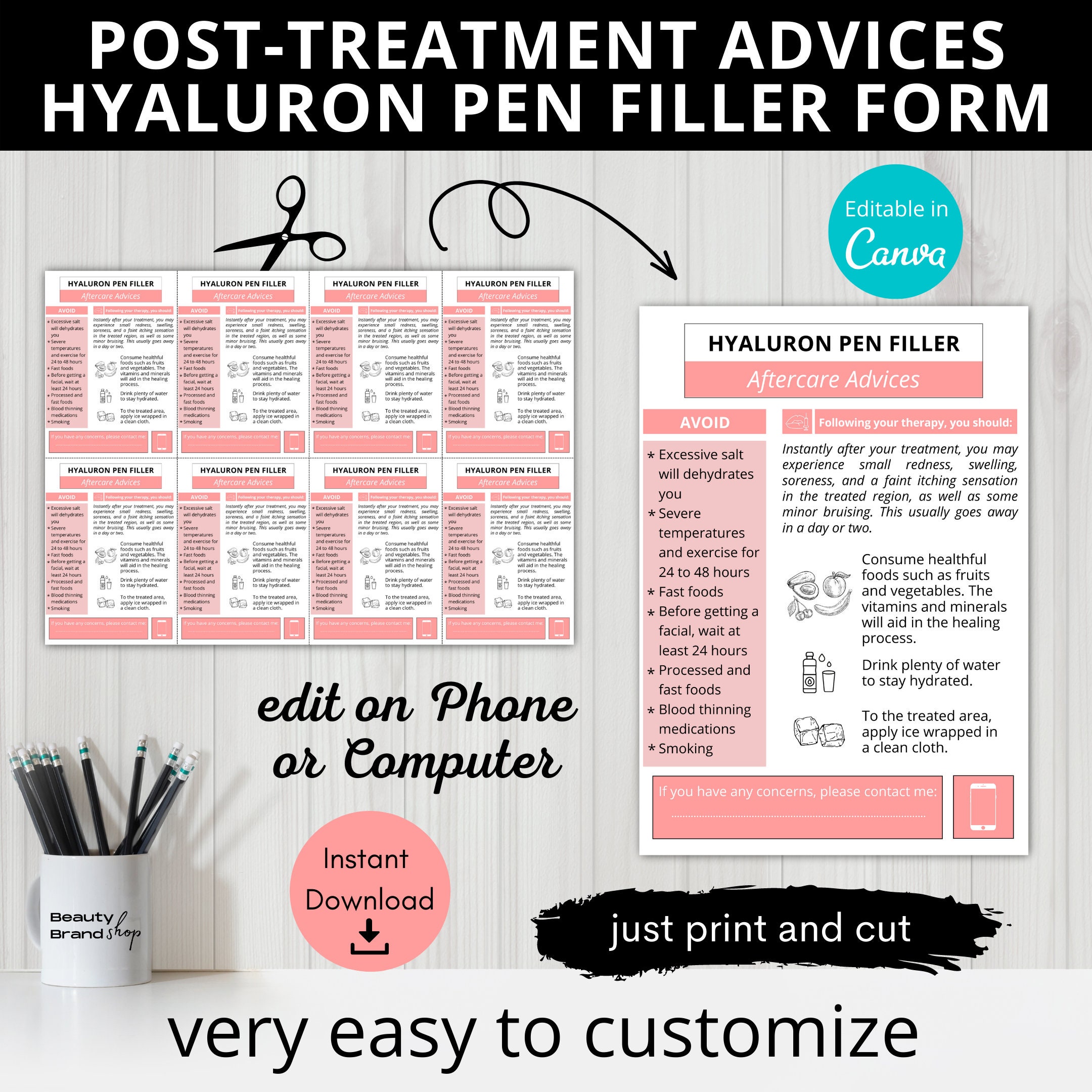 Hyaluron Pen Filler Forms, Editable Post-treatment Advice Card ...